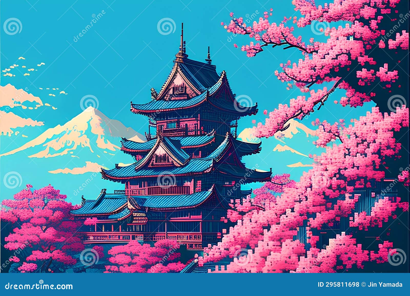 Japanese Castle Landscape Sunset Sky Banner, Pine Tree And Sakura ...