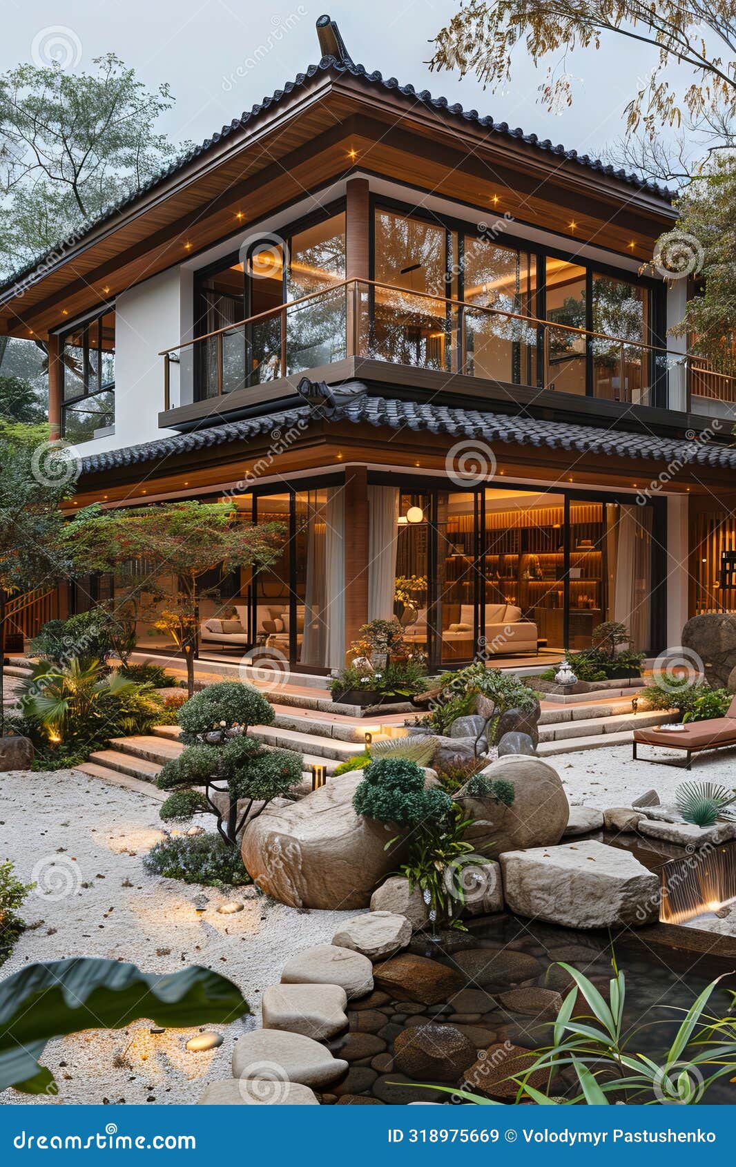 A Beautiful Japanese Home with a Water Feature Stock Image - Image of ...