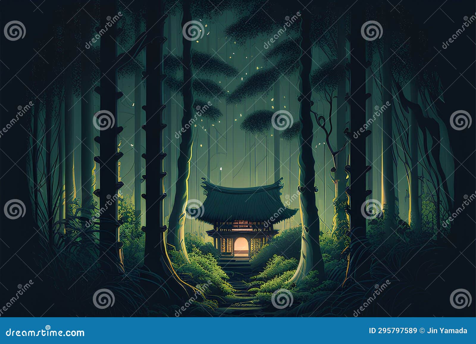 Beautiful Japanese Temple in the Forest at Night. Vector Illustration ...