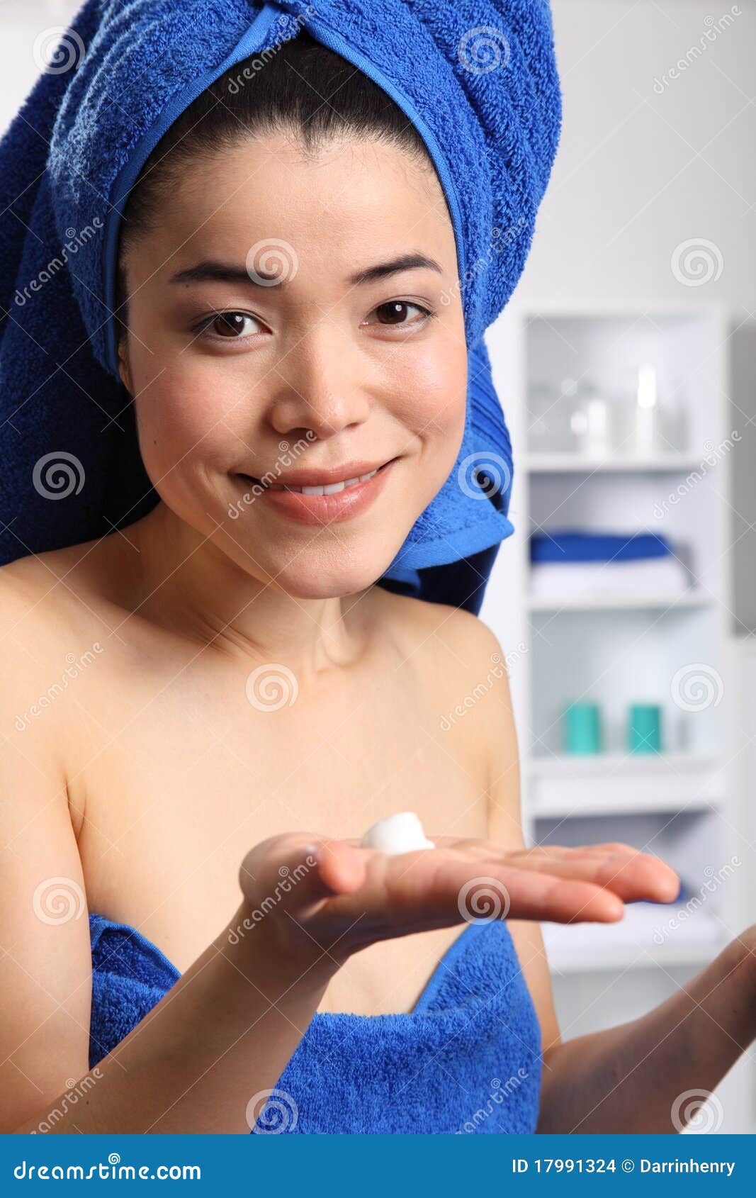Beautiful Oriental Woman Wearing Blue Bath Towel Royalty Free Stock