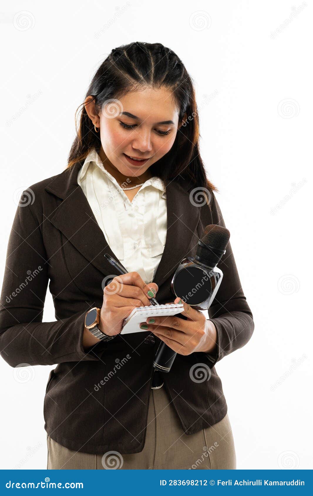 A Beautiful Journalist Writing on the Notebook at Her Hand Stock Photo ...