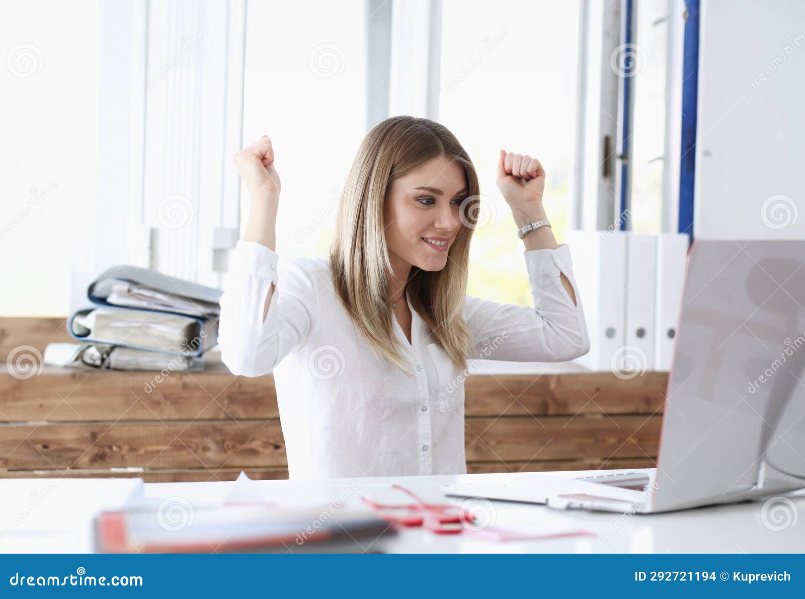 Beautiful Joyful Woman at Workplace Using Computer Stock Photo - Image ...
