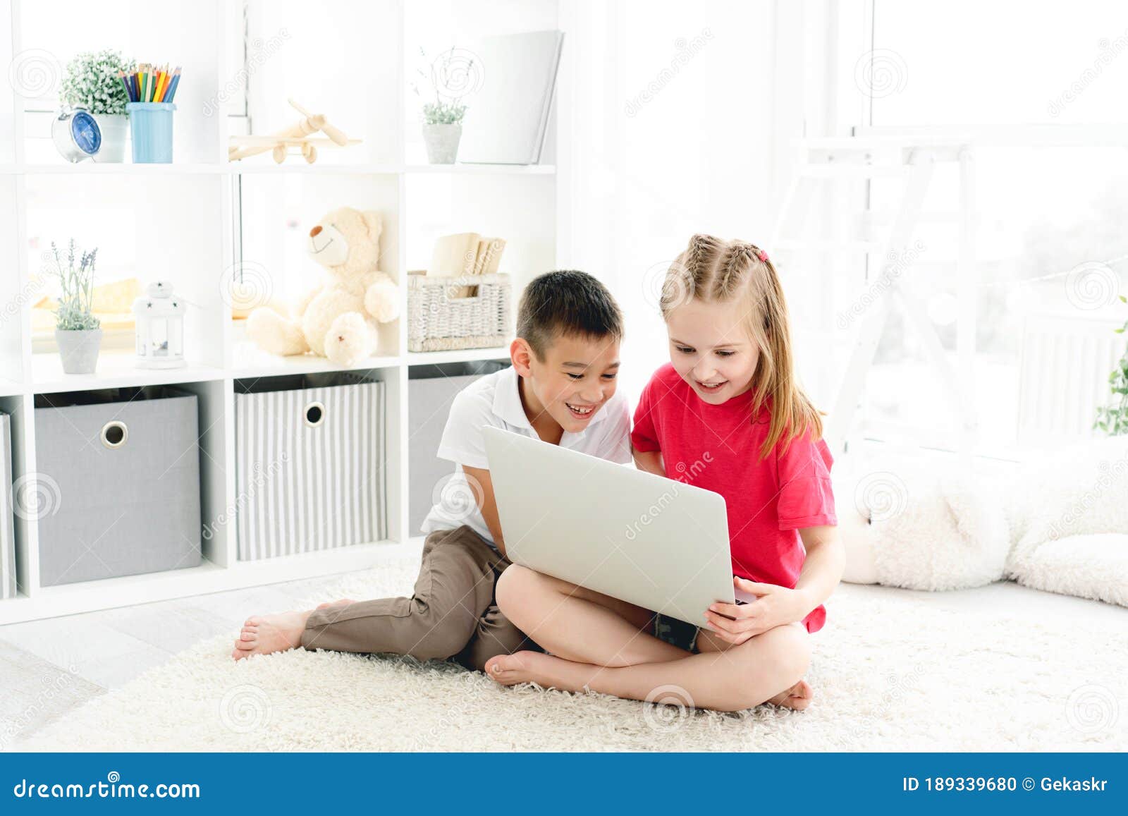Beautiful Kids Using Laptop in Room Stock Photo - Image of home ...