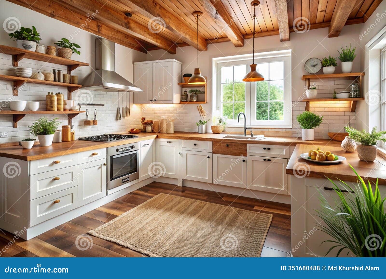 Beautiful Kitchen Design with Warm Wood Elements, White Tile Backsplash ...