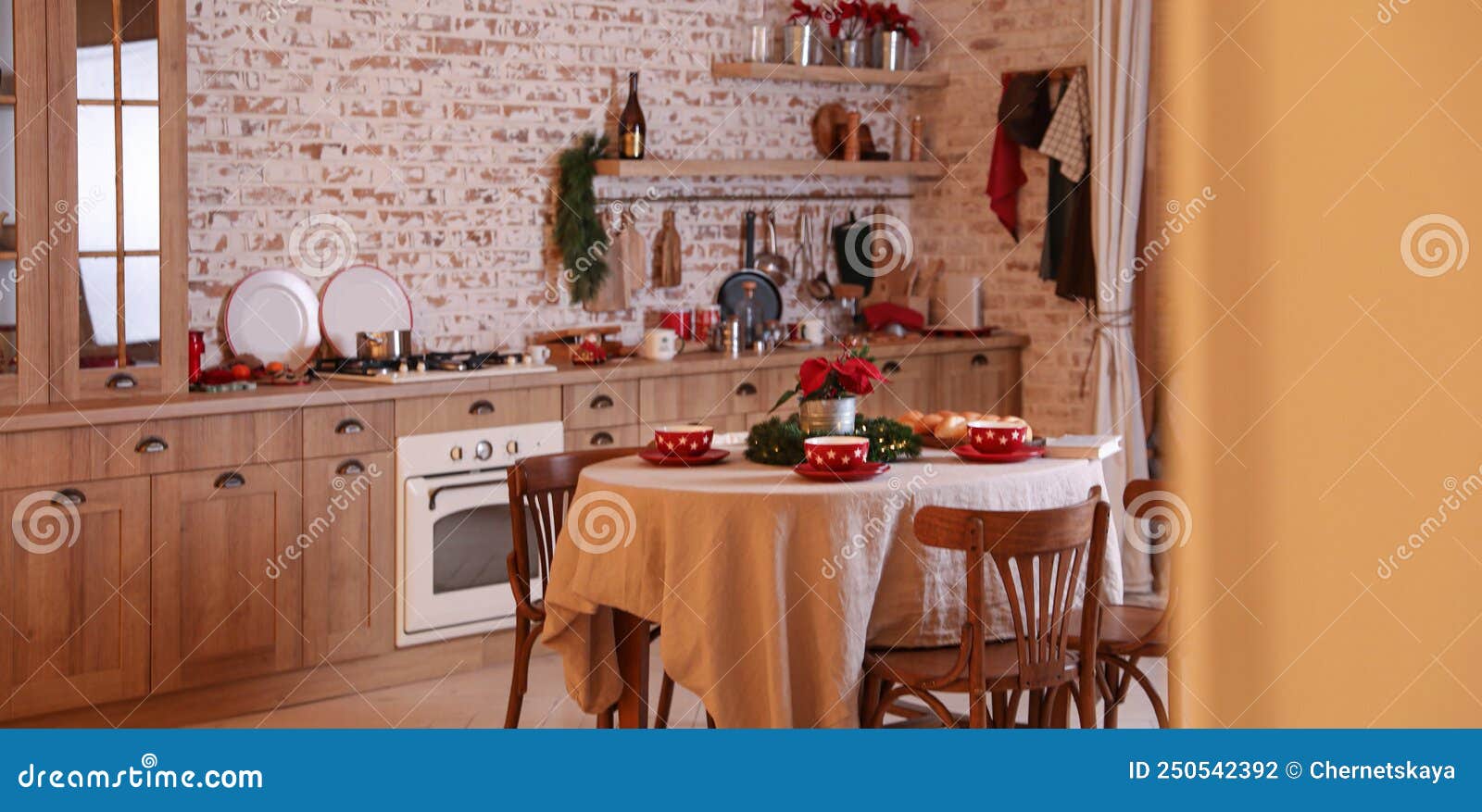 Beautiful Kitchen Interior with Served Dining Table. Banner Design ...