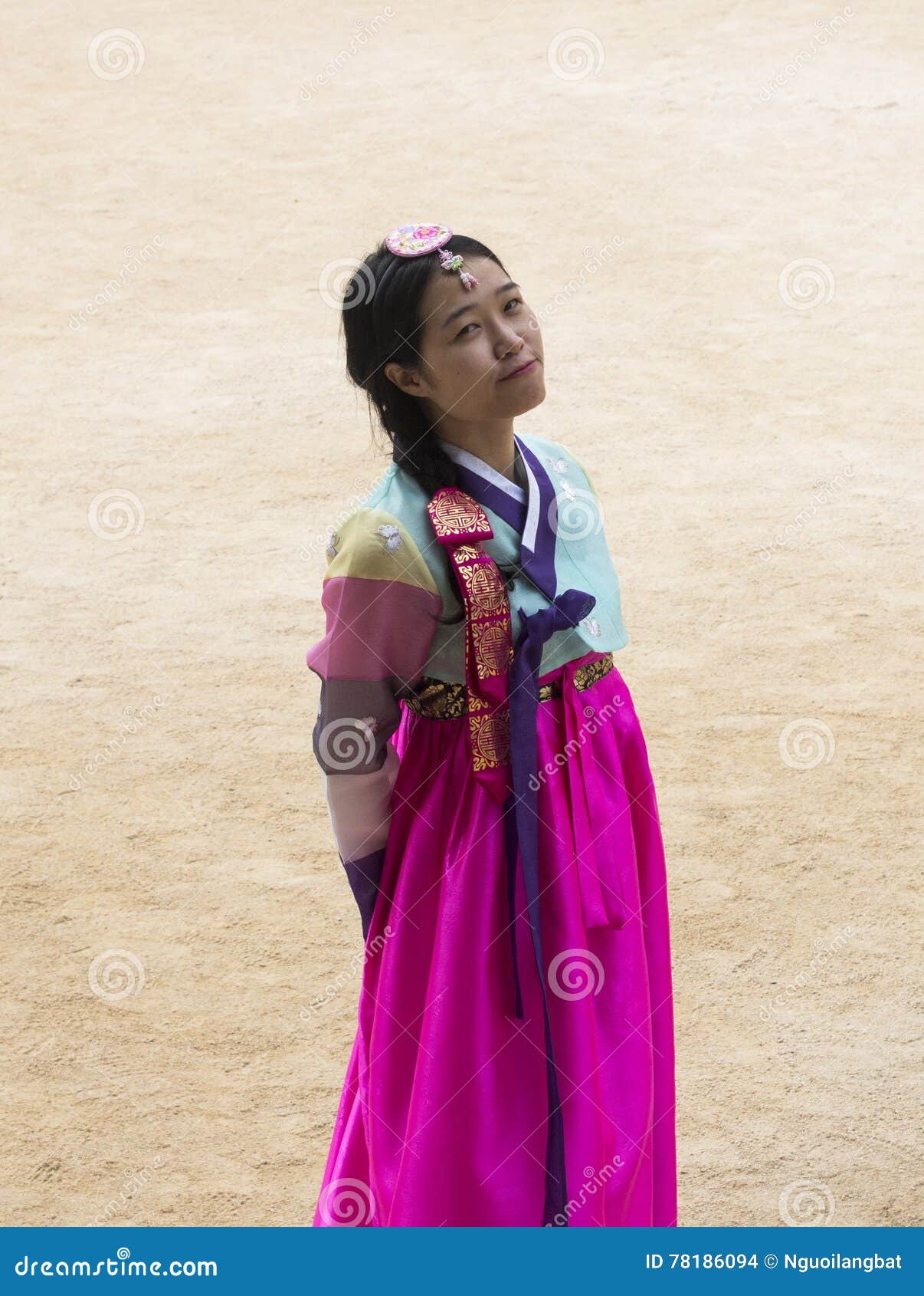 Beautiful Korean Woman Dressed Hanbok In Gyeongbokgung Palace In Seoul