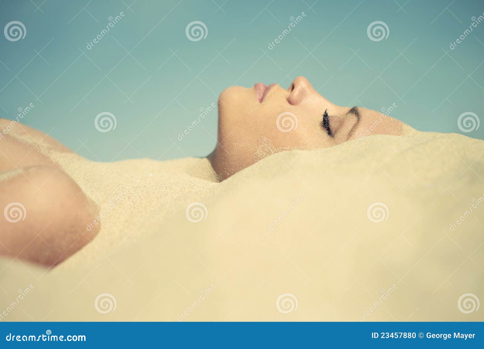 Beautiful Lady Buried in the Sand Stock Photo - Image of facial, adult ...