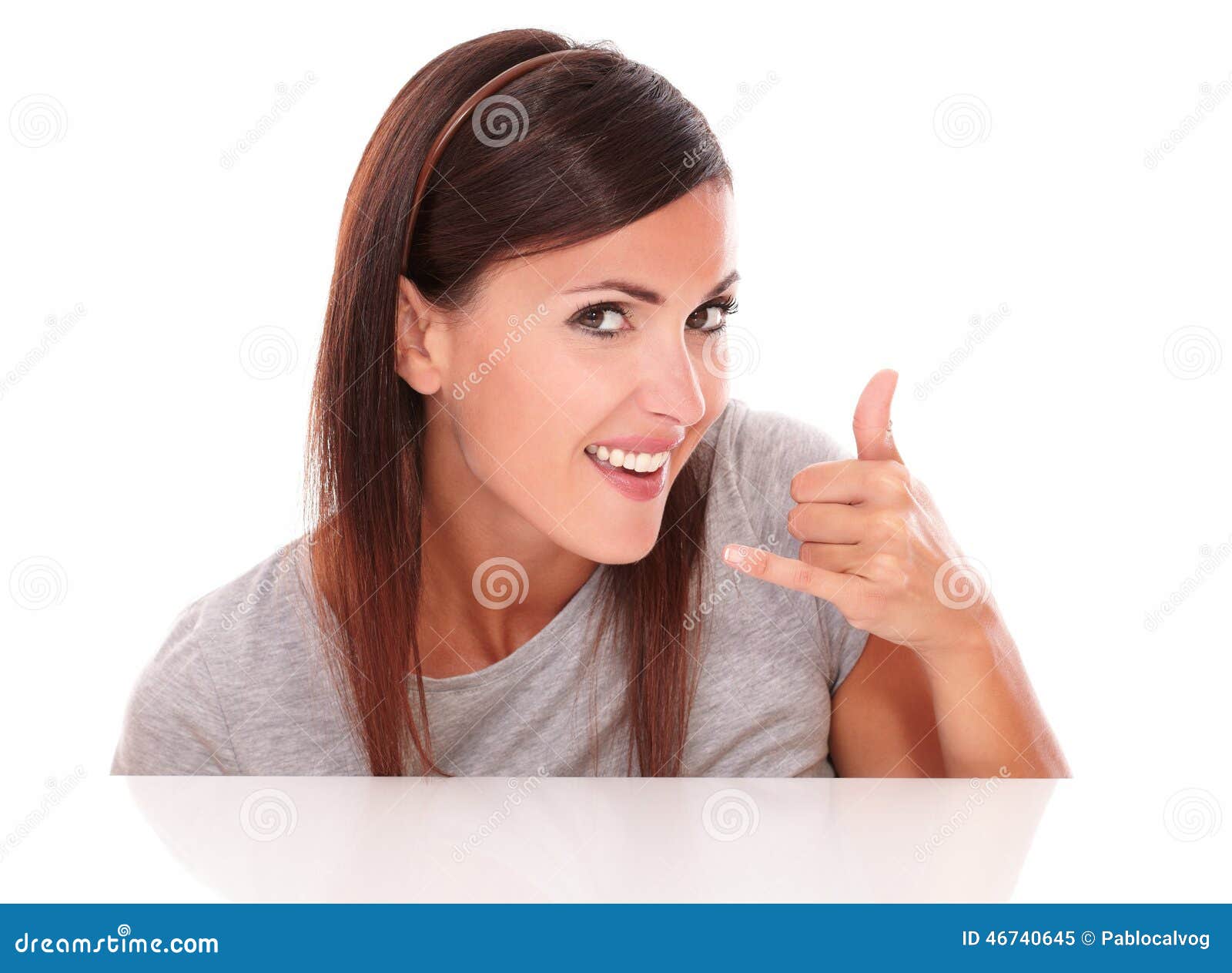 Beautiful Lady with Call Gesture Smiling at Camera Stock Image - Image ...