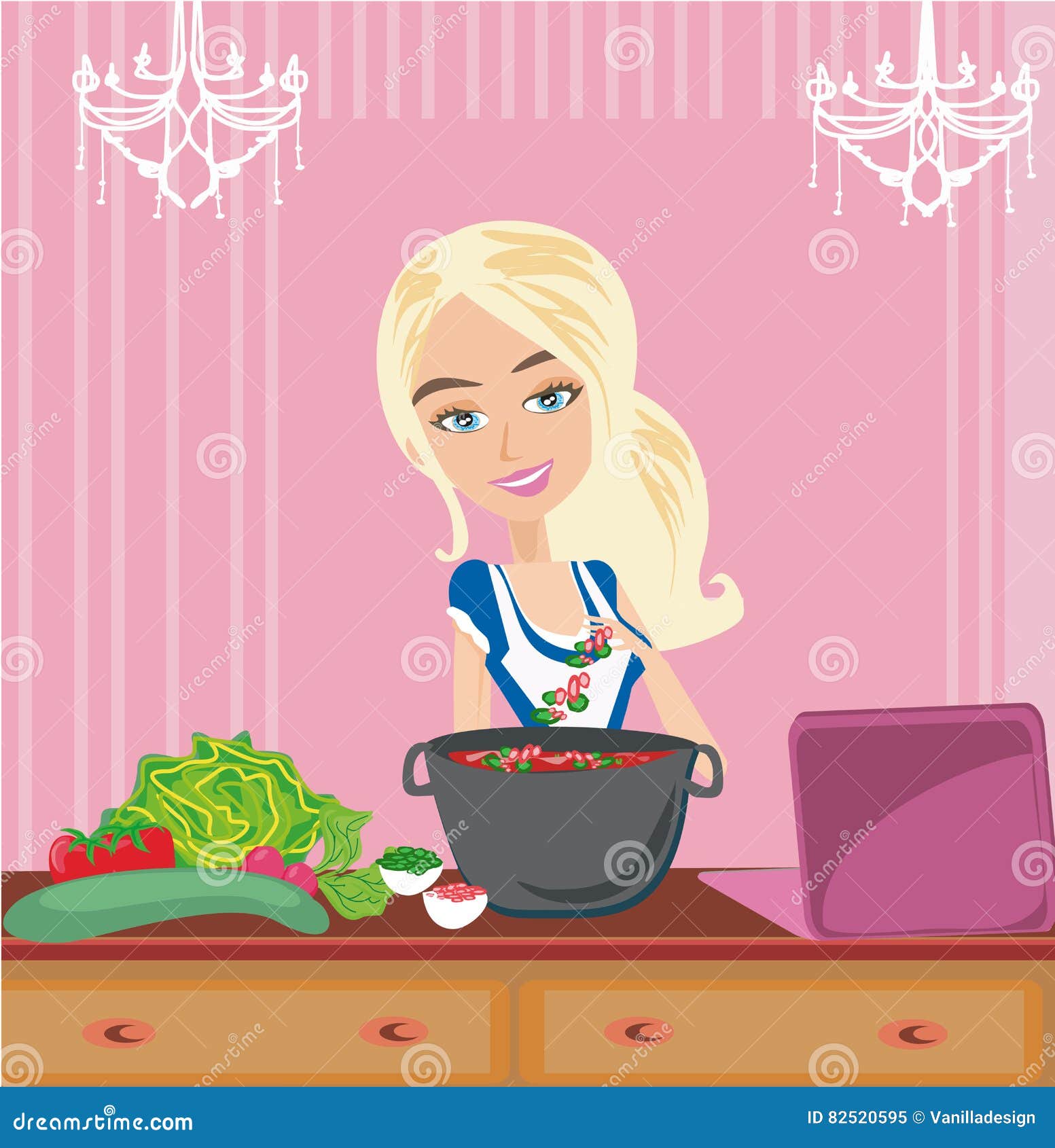 Beautiful Lady Cooking Dinner Stock Vector - Illustration of human ...