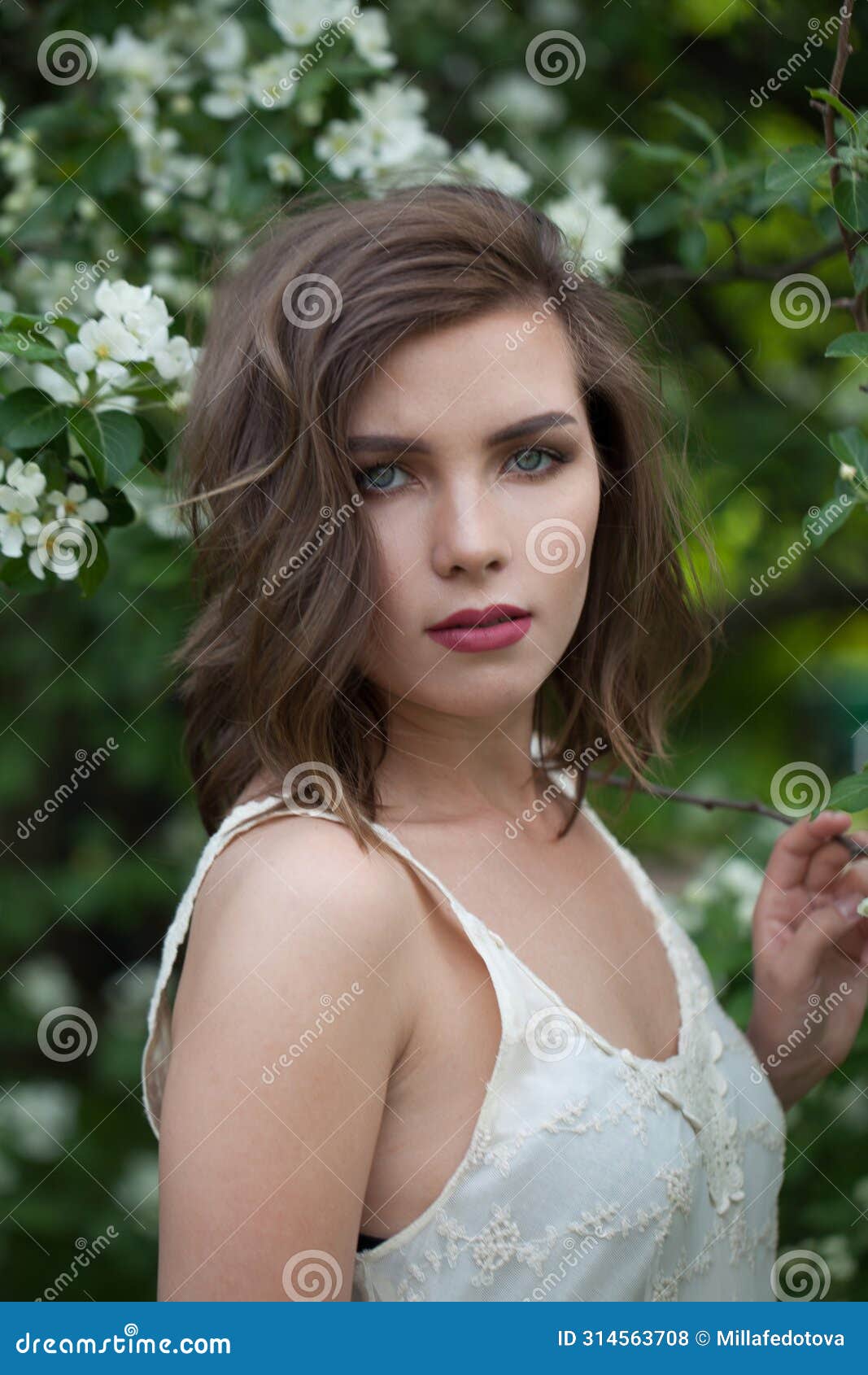 Beautiful Lady Female Model in Spring Leaves Background Stock Photo ...