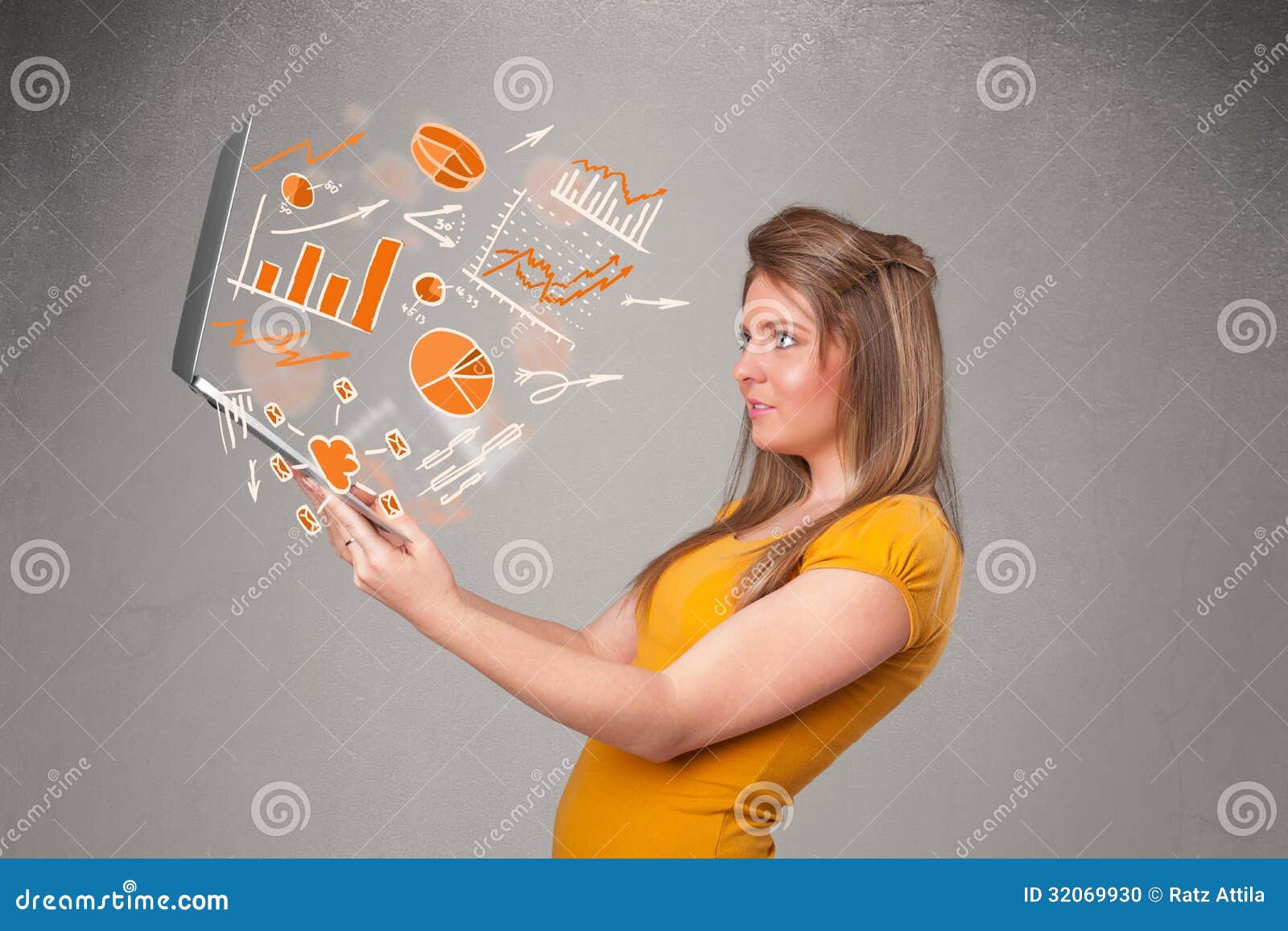 Beautiful Lady Holding Notebook with Graphs and Statistics Stock Photo ...