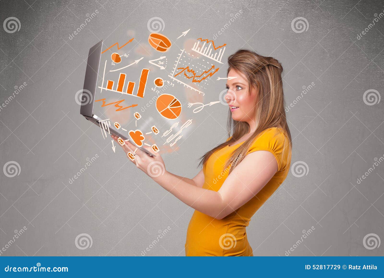 Beautiful Lady Holding Notebook with Graphs and Statistics Stock Image ...