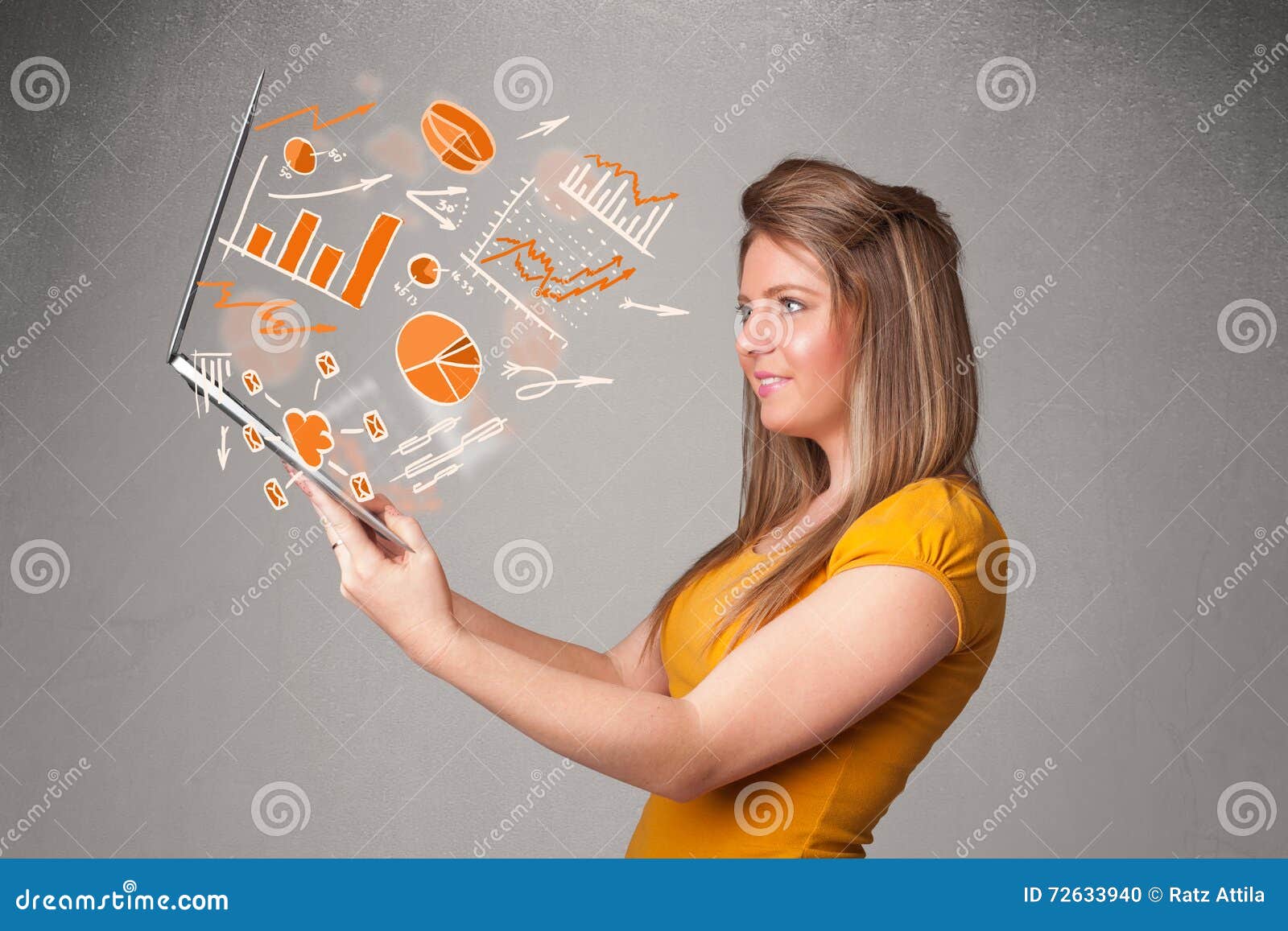 Beautiful Lady Holding Notebook with Graphs and Statistics Stock Photo ...