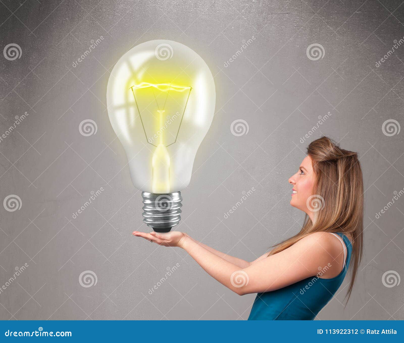 Beautiful Lady Holding Realistic 3d Light Bulb Stock Photo - Image of ...