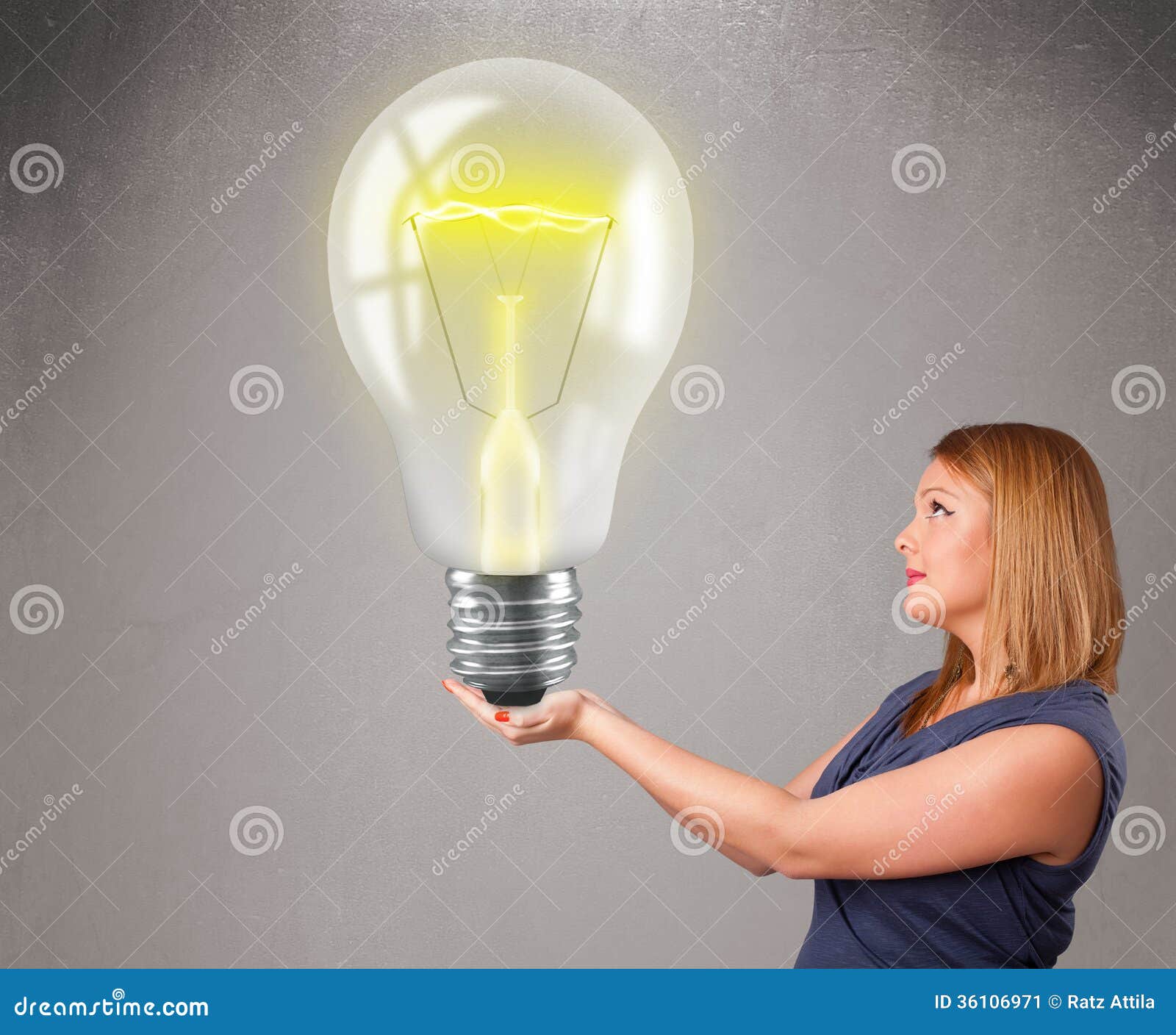 Beautiful Lady Holding Realistic 3d Light Bulb Stock Image - Image of ...