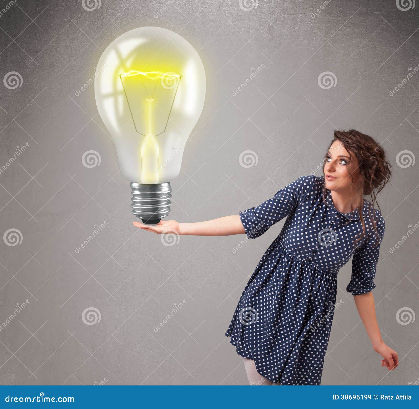 Beautiful Lady Holding Realistic 3d Light Bulb Stock Image - Image of ...