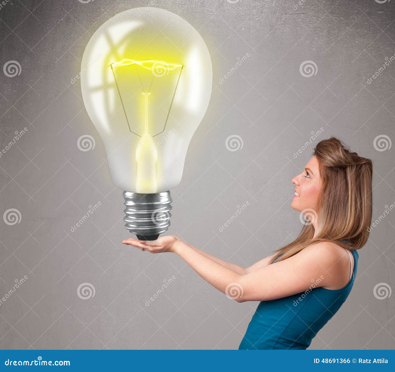 Beautiful Lady Holding Realistic 3d Light Bulb Stock Illustration ...