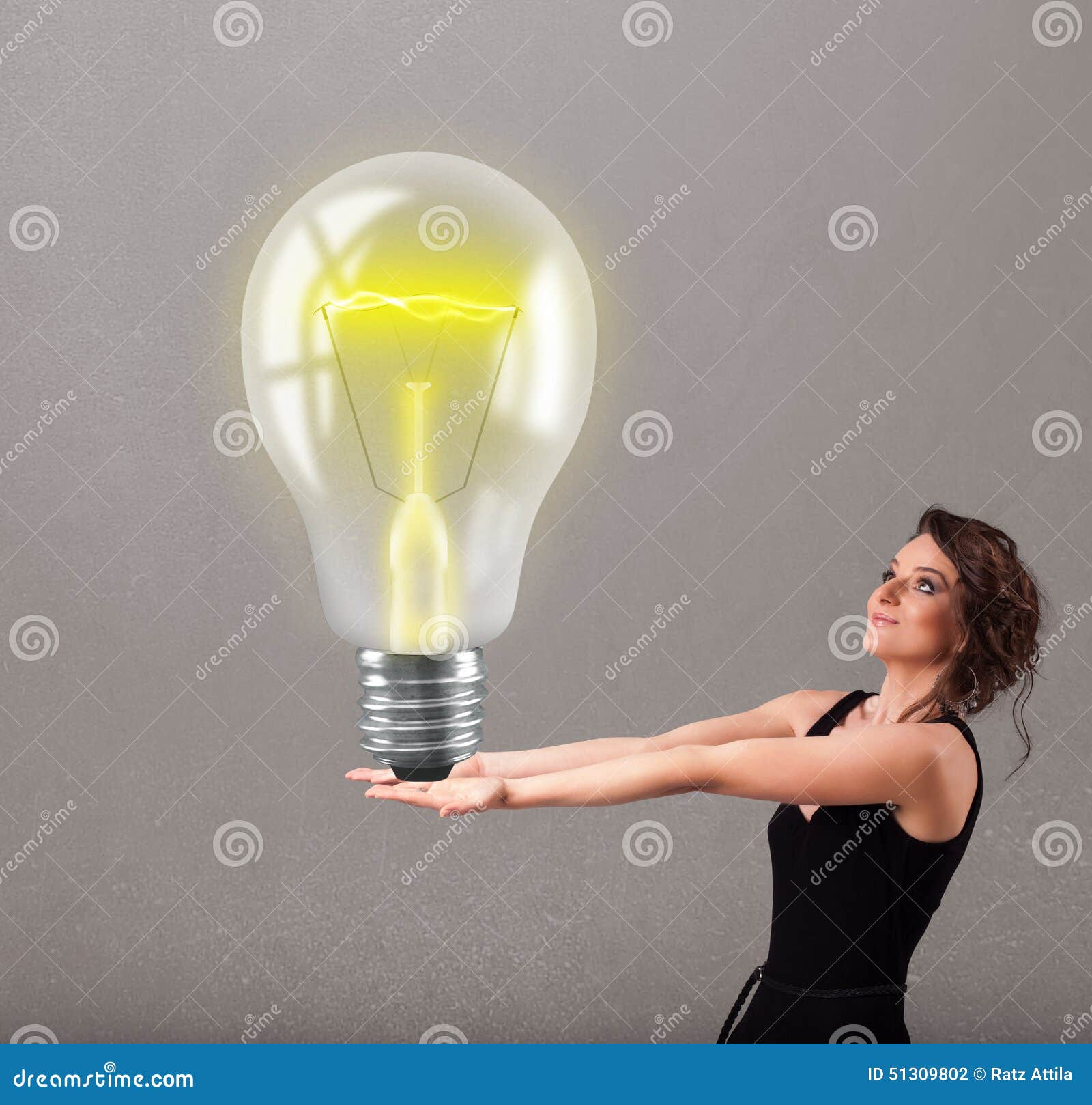 Beautiful Lady Holding Realistic 3d Light Bulb Stock Illustration ...