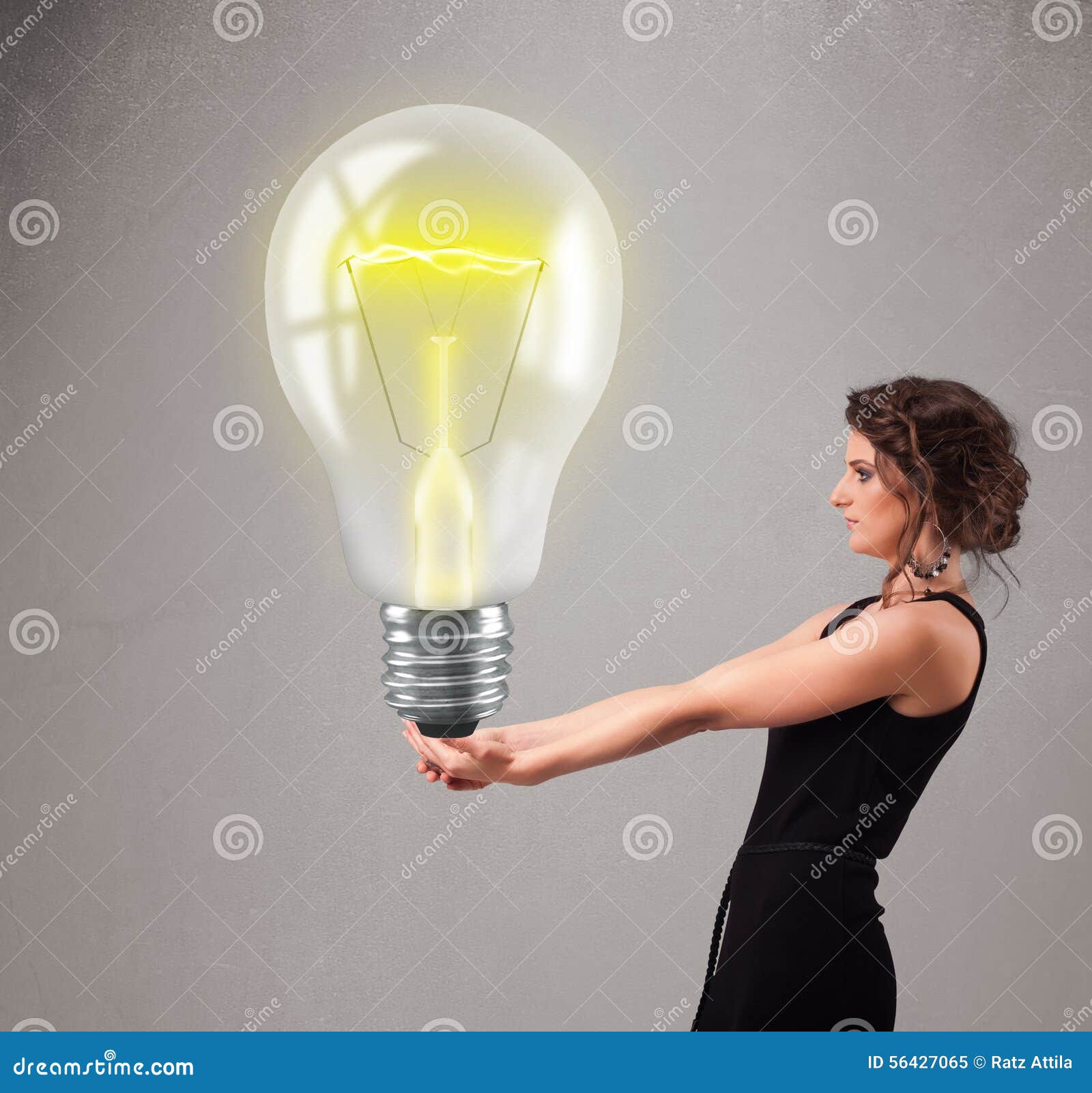 Beautiful Lady Holding Realistic 3d Light Bulb Stock Image - Image of ...