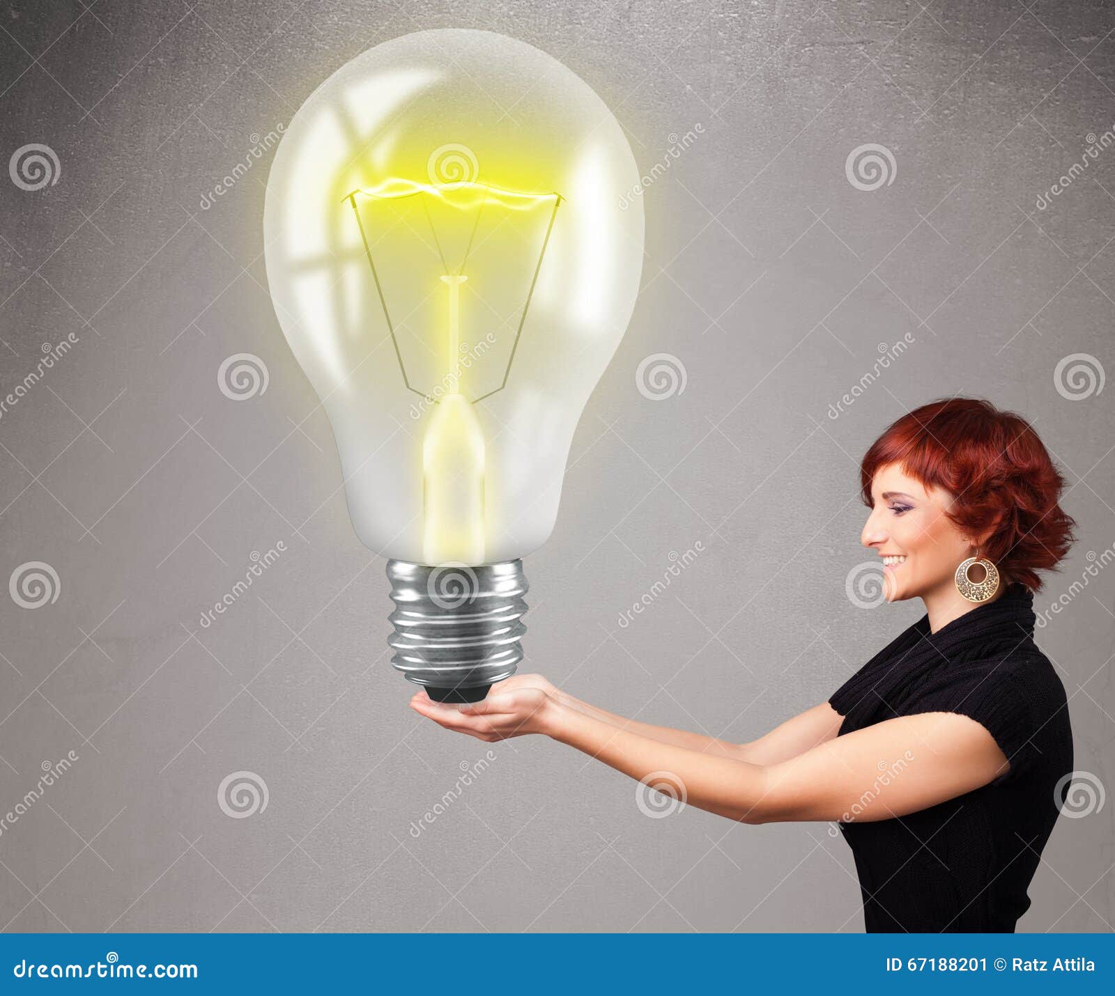 Beautiful Lady Holding Realistic 3d Light Bulb Stock Image - Image of ...