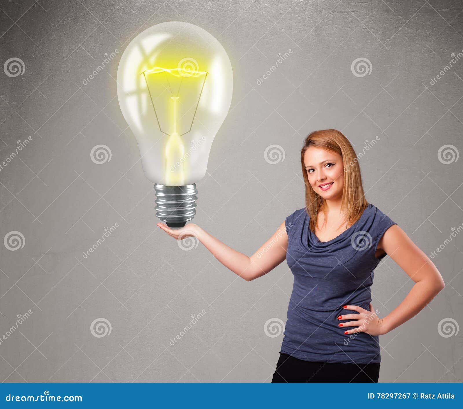 Beautiful Lady Holding Realistic 3d Light Bulb Stock Image - Image of ...