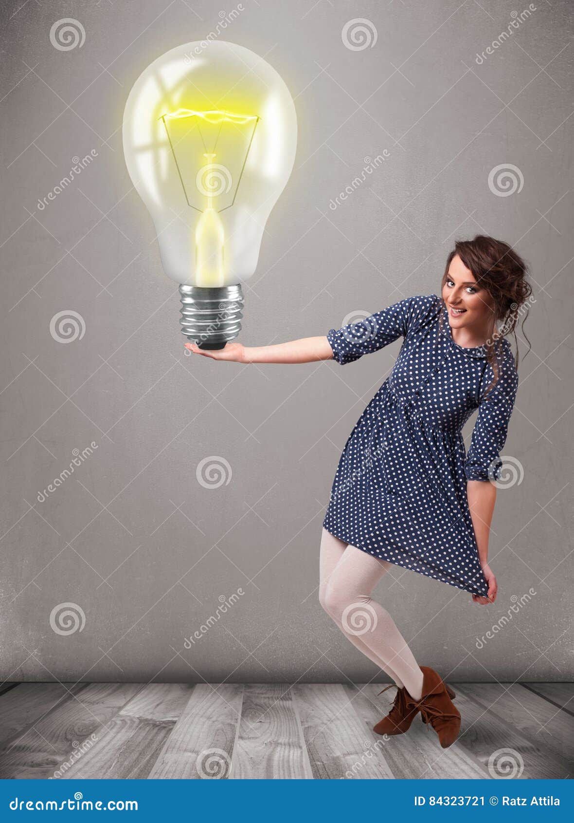 Beautiful Lady Holding Realistic 3d Light Bulb Stock Image - Image of ...