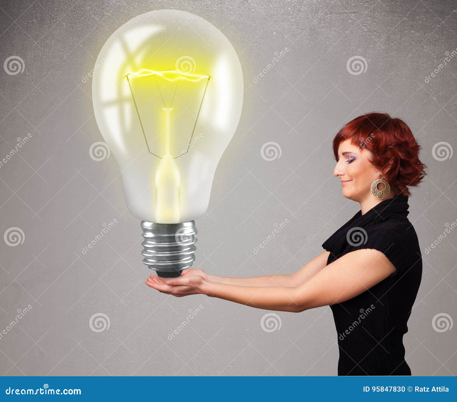 Beautiful Lady Holding Realistic 3d Light Bulb Stock Illustration ...