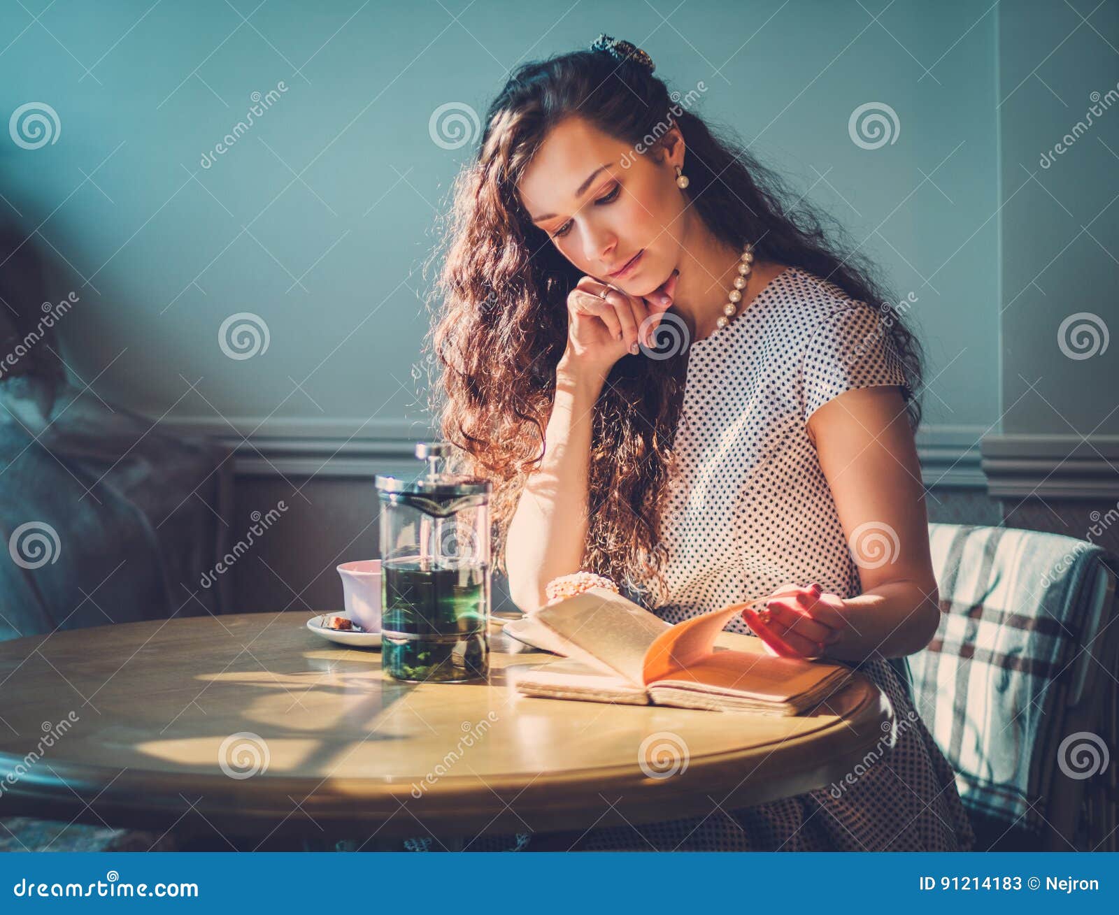 Beautiful Lady Reading Novel in a Cafe Stock Image - Image of dress ...