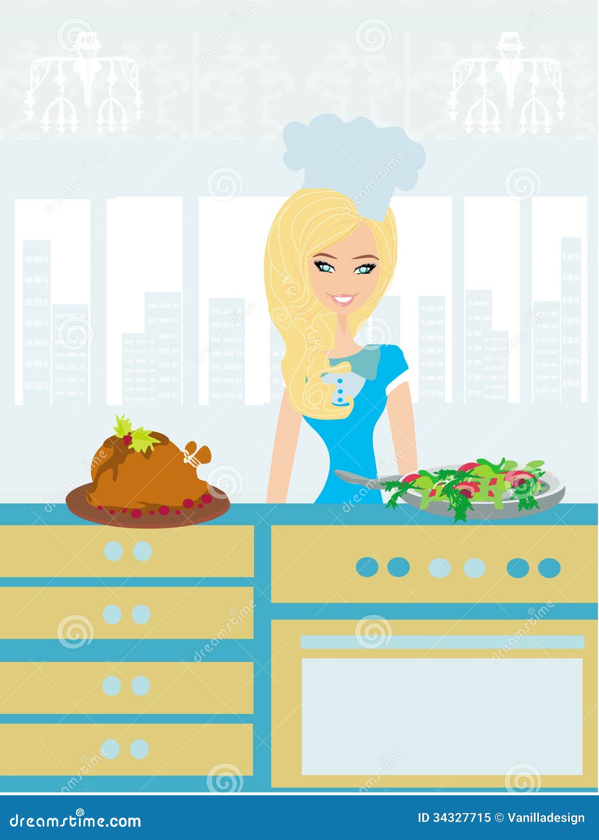 Beautiful Lady Serving Dinner Stock Illustration - Illustration of bake ...