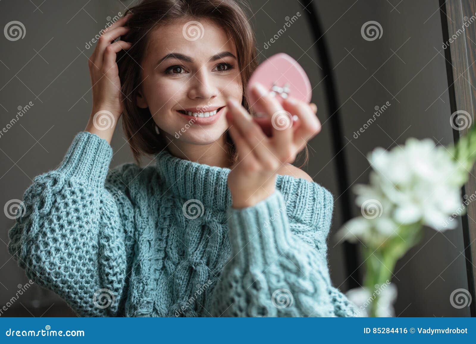 Beautiful Lady Sitting in Cafe and Looking at Mirror. Stock Photo ...