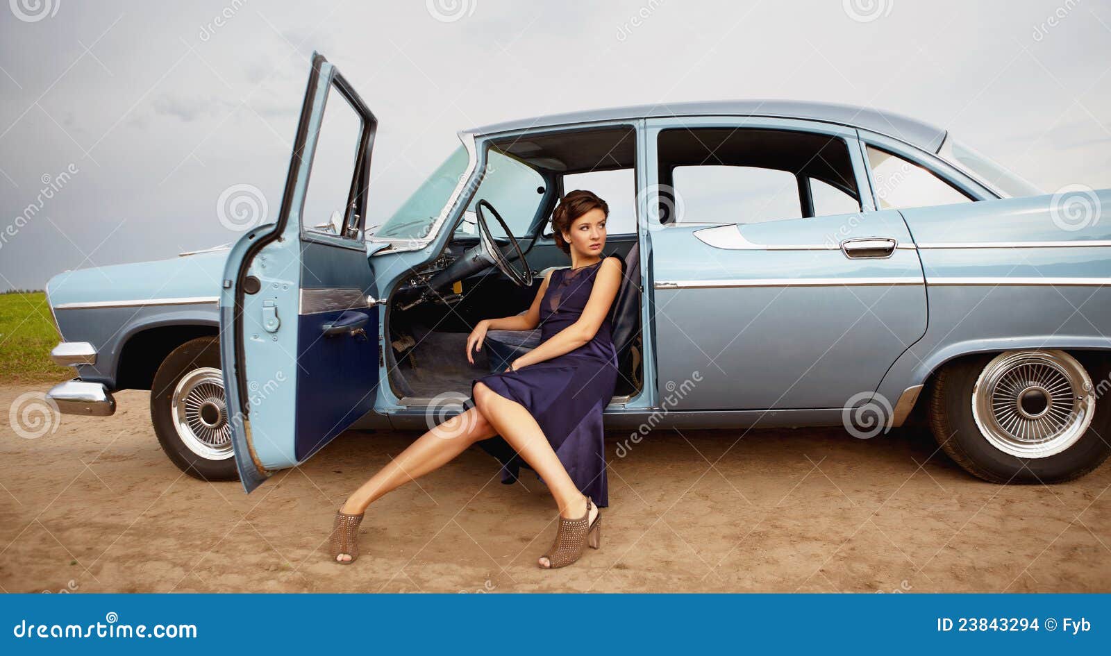 Beautiful Lady Sitting in a Retro Car Stock Photo - Image of portrait ...