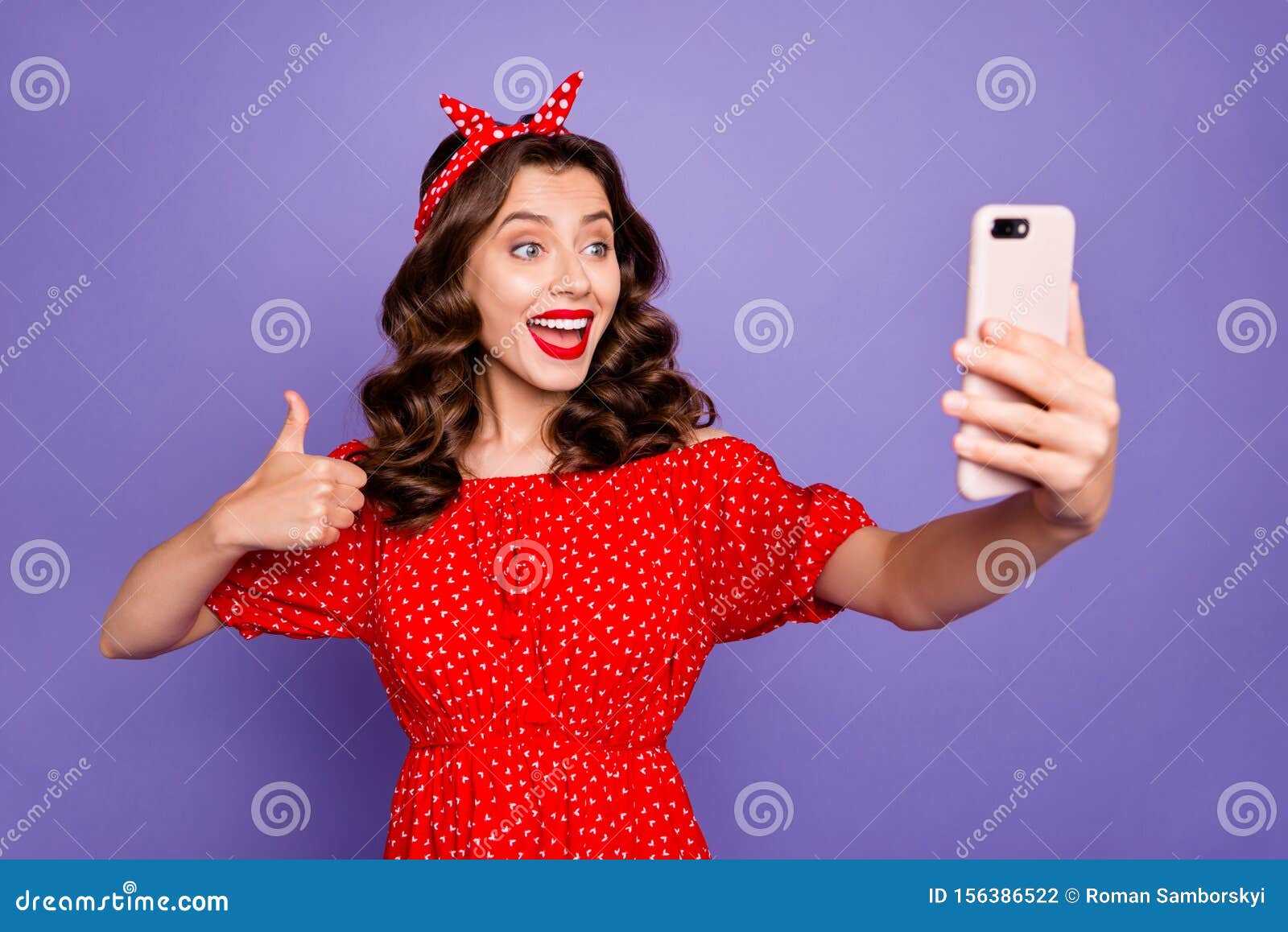 Beautiful Lady With Telephone In Hands Making Selfies Raise Thumb Up