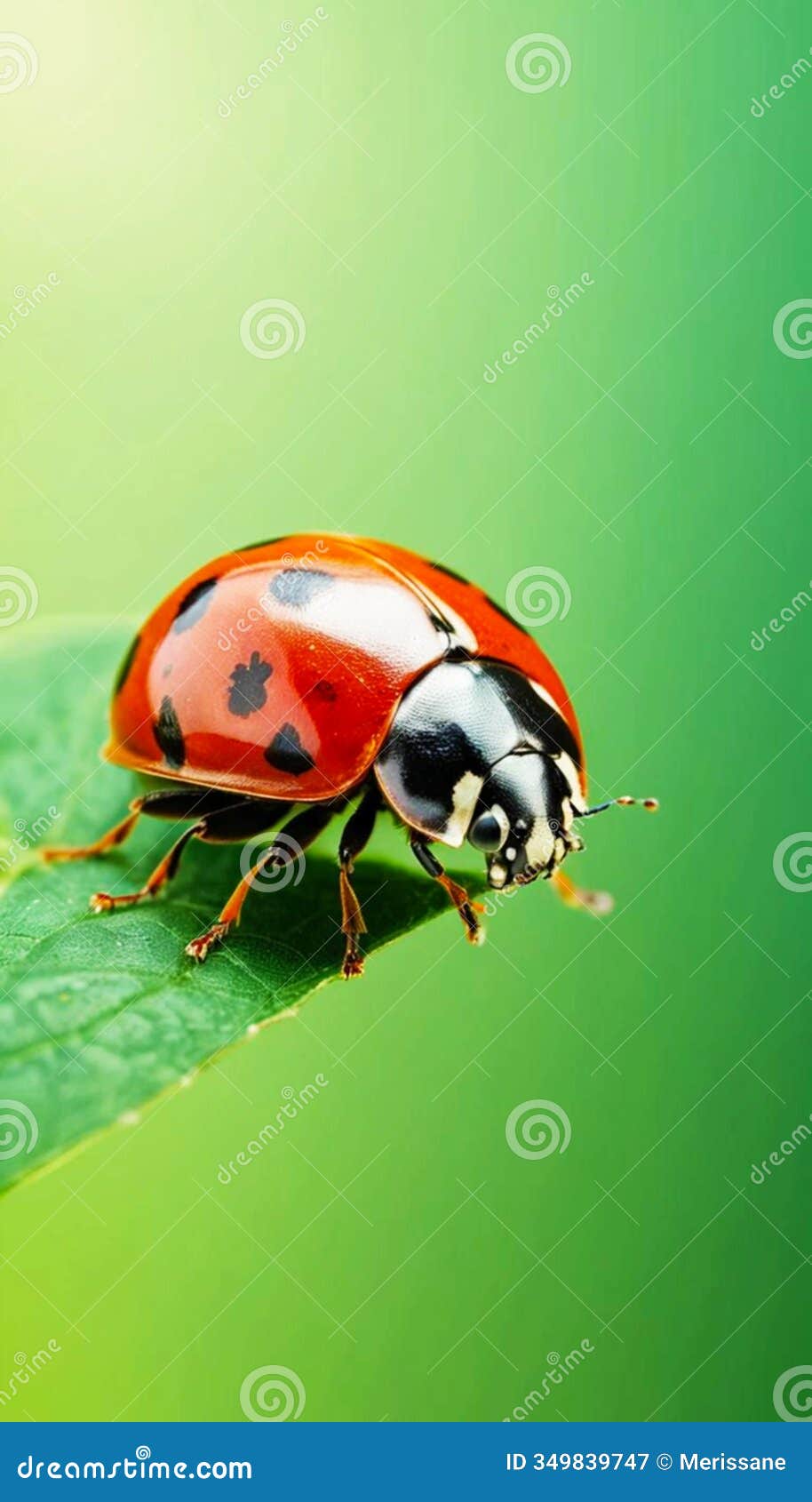 A Beautiful Ladybug On Green Leaf On A Light Green Gradient Background ...