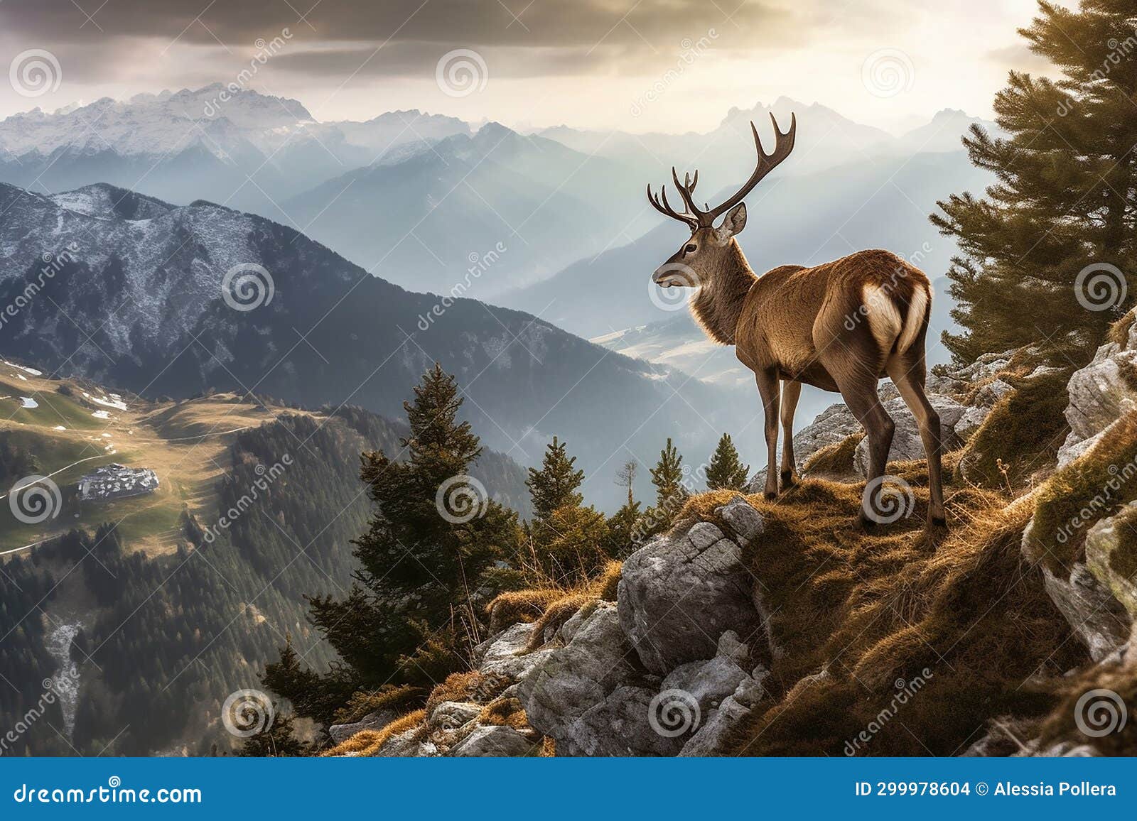 A Beautiful Landscape with a Deer Standing on a Cliff of a Mountain ...