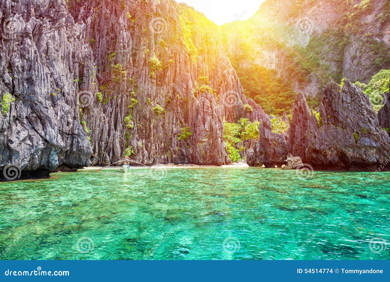 Landscape Of El Nido. Sandy Beach With Huge Rock, Palawan Island ...