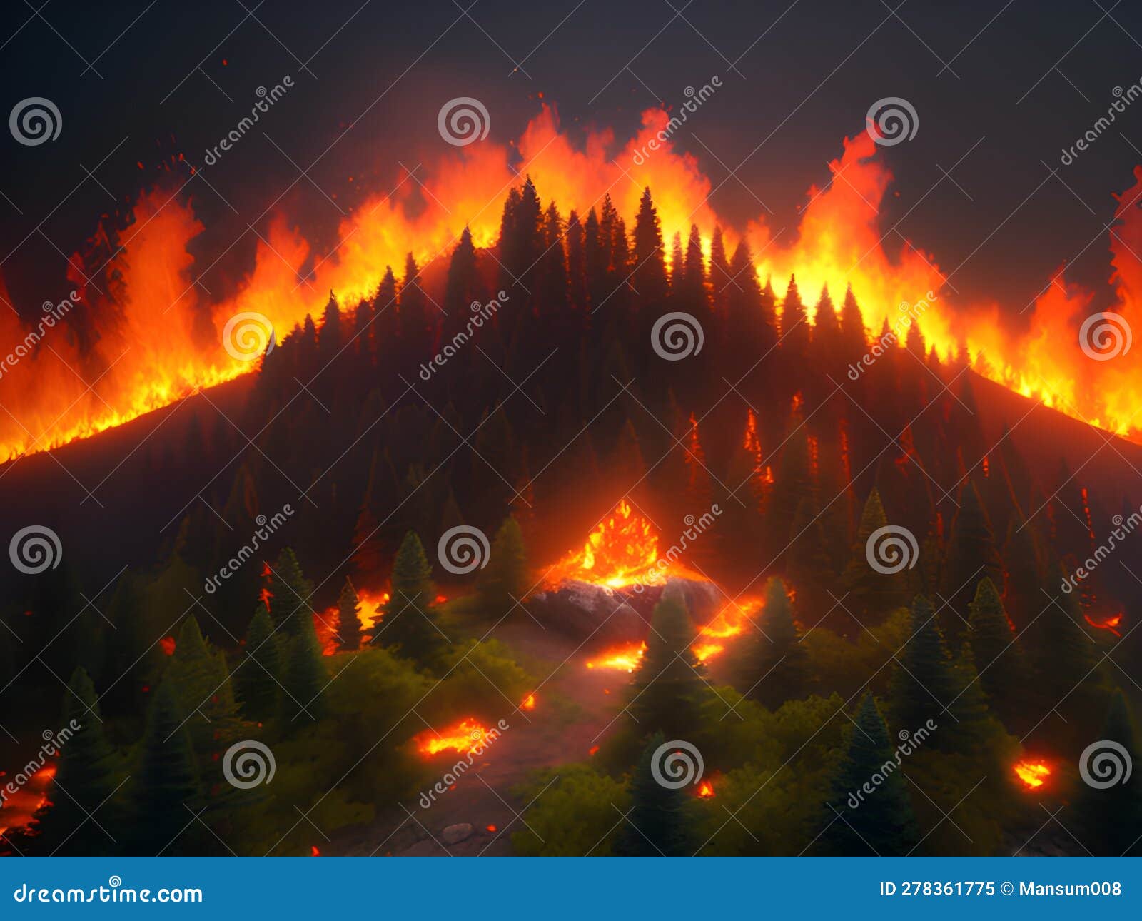 Beautiful Landscape with Fire Burning Mountains and Forest, AI ...