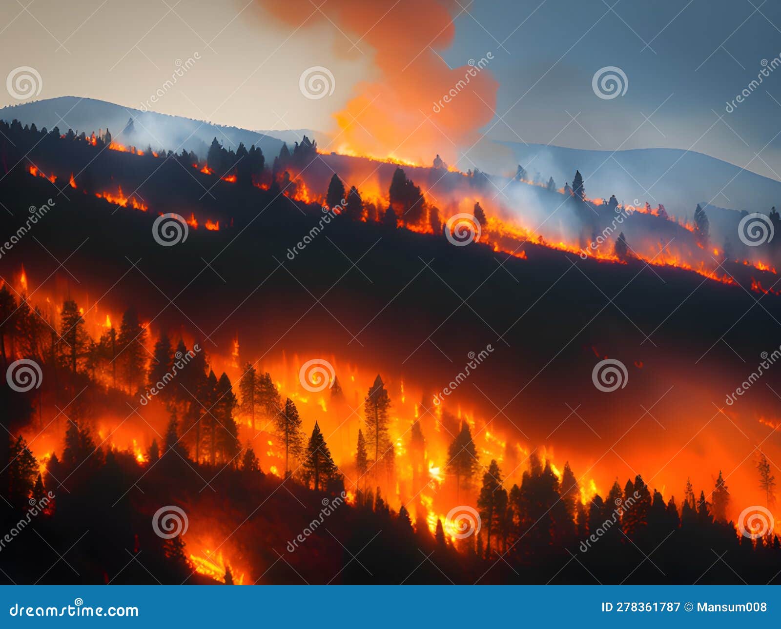 Beautiful Landscape with Fire Burning Mountains and Forest, AI ...