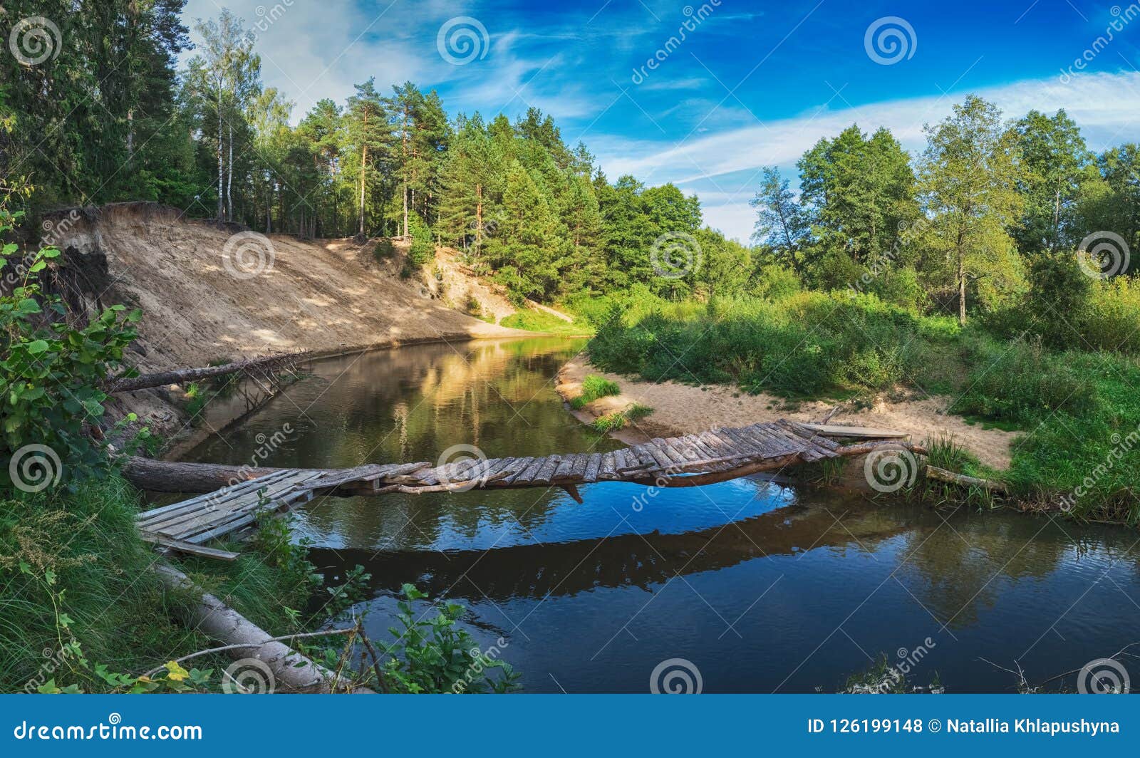 Beautiful Landscape of Forest River with Bridge and Reflections of ...