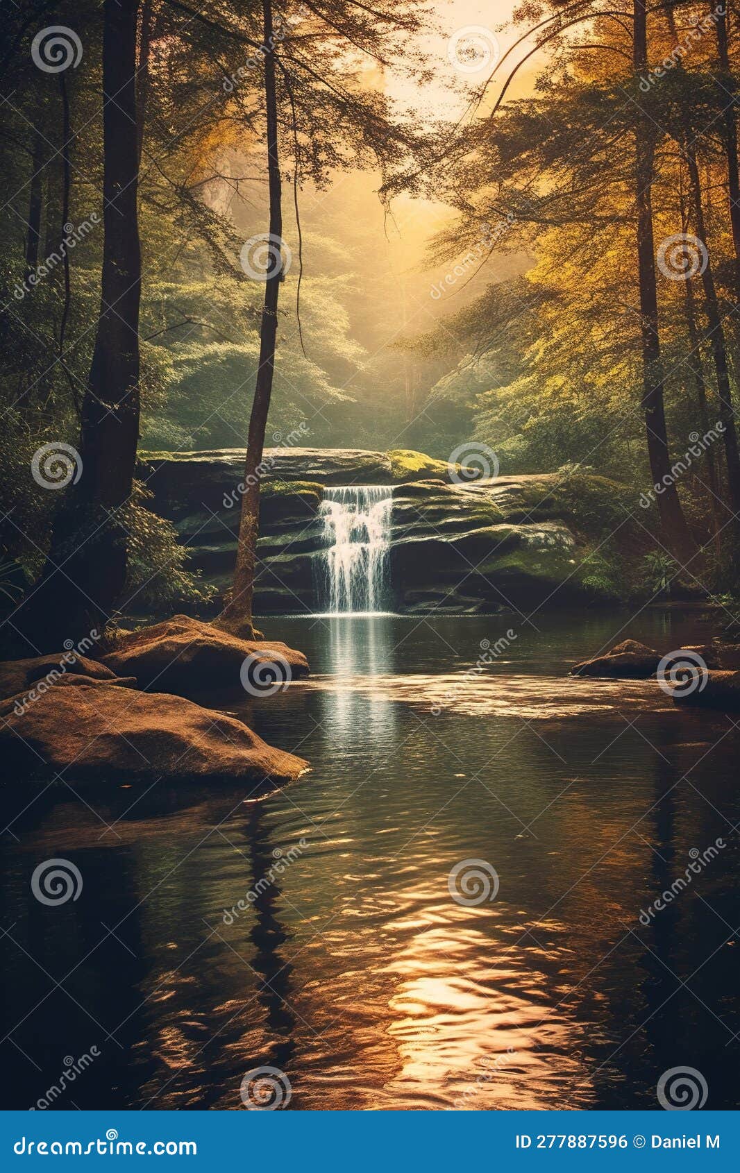 Beautiful Landscape of a Forest Waterfall. Sunlight Rays through Dense ...