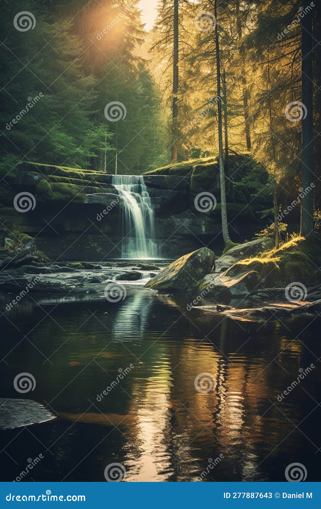 Beautiful Landscape of a Forest Waterfall. Sunlight Rays through Dense ...