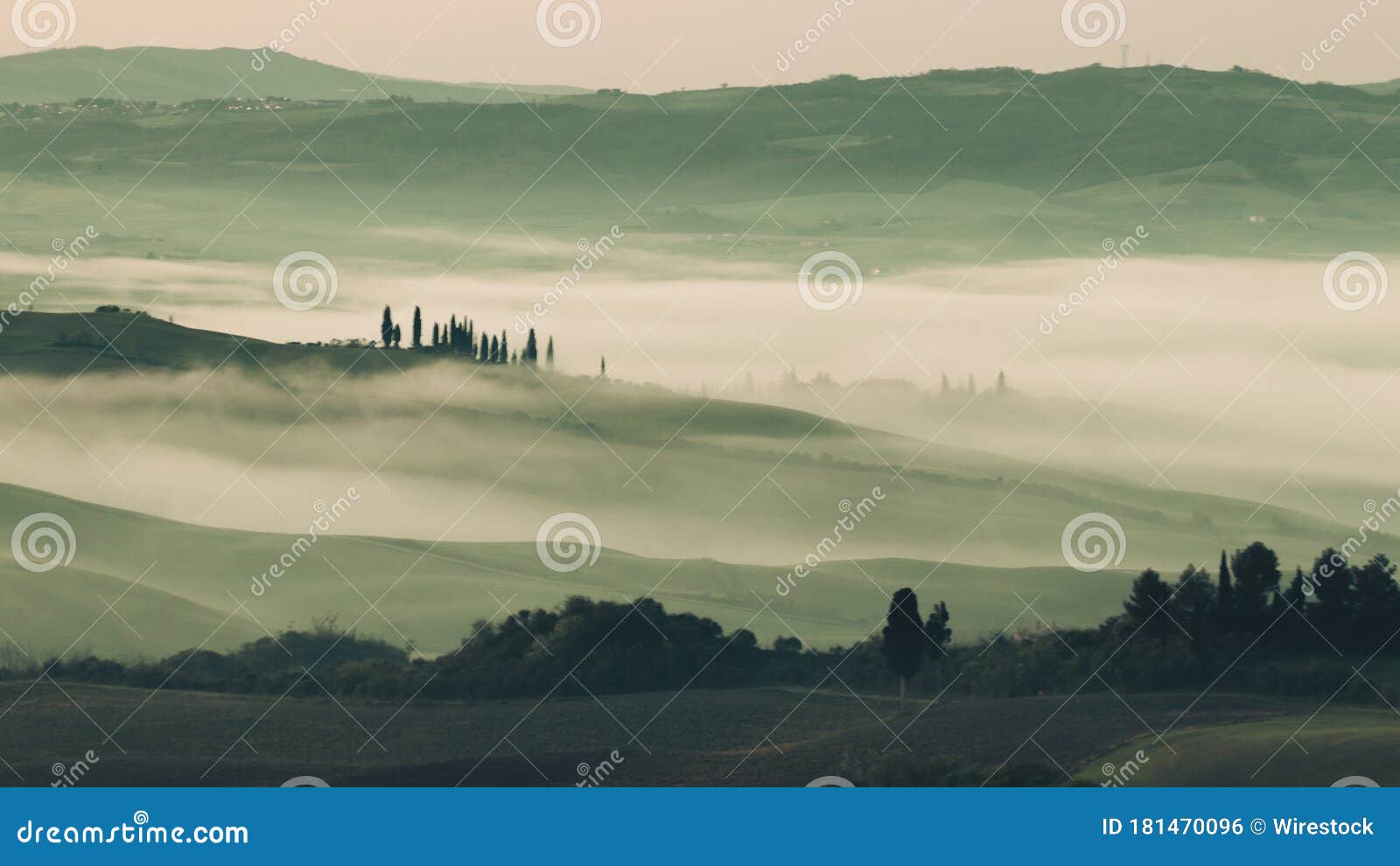 Beautiful Landscape of Hazy Rolling Hills with Trees Stock Photo ...