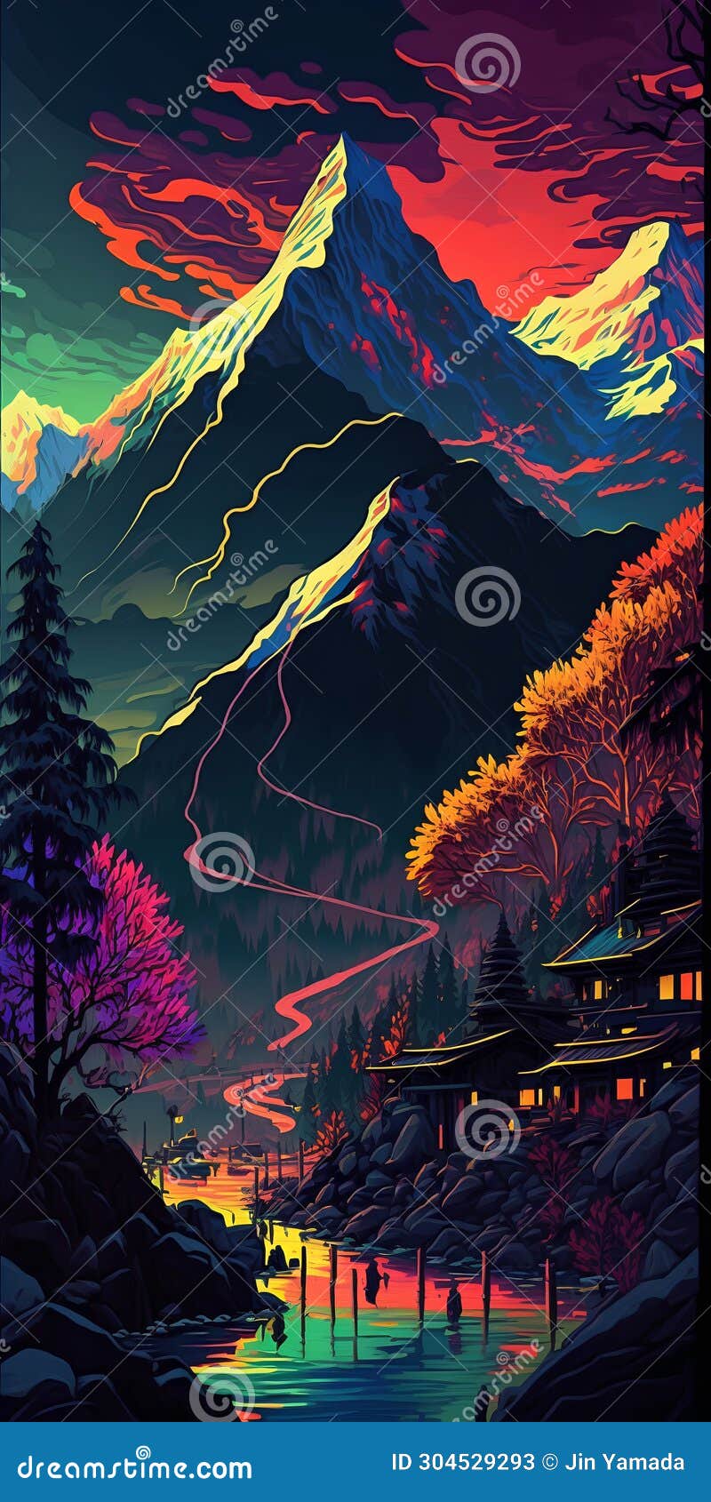Beautiful Landscape of the Japanese Alps at Sunset. Vector Illustration ...