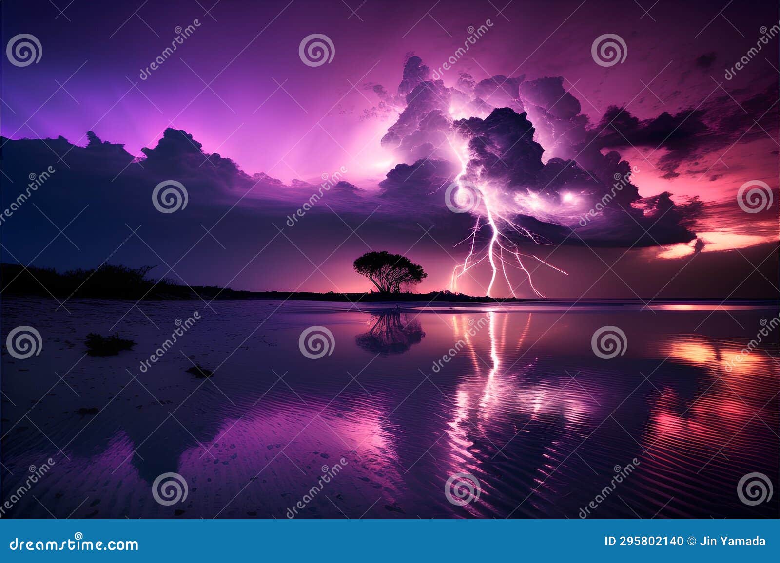 Beautiful Landscape with Lightning and Tree on the Shore of the Lake ...