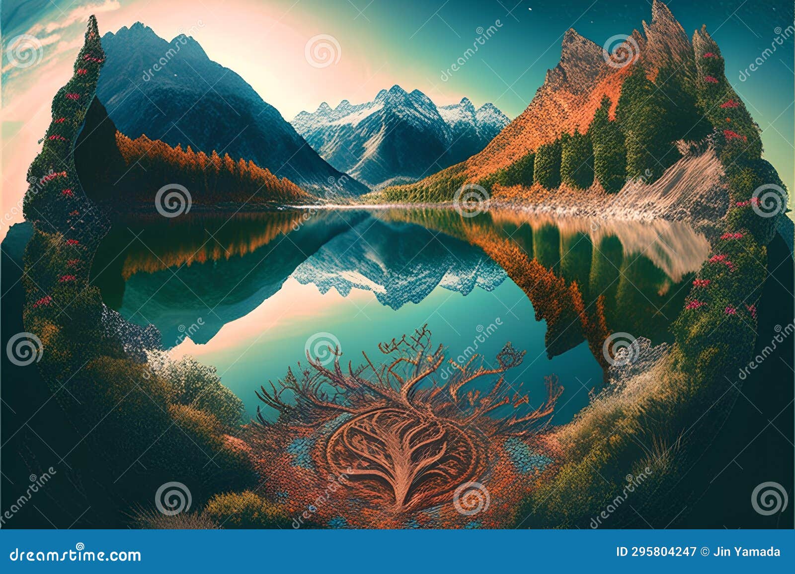 Beautiful Landscape with Mountains and Lake. Collage. Vector Stock ...