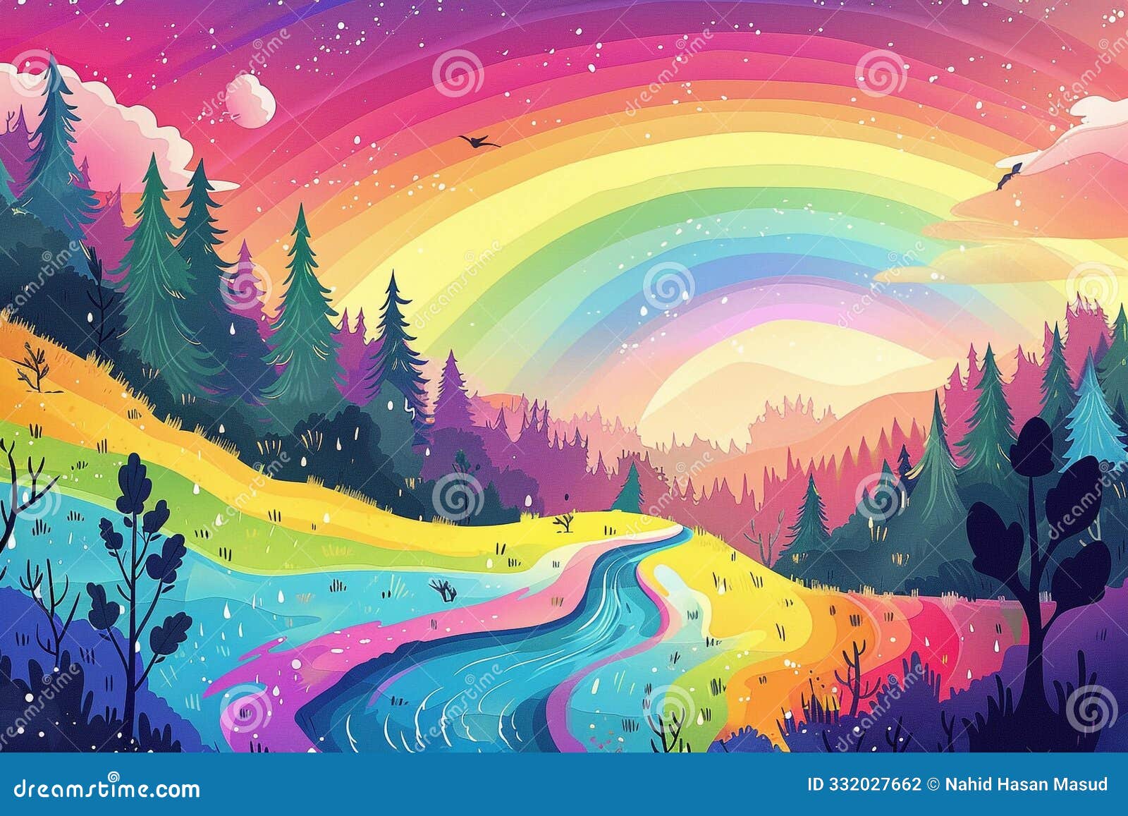 Beautiful Landscape with Rainbow River Flow Illustration Stock ...