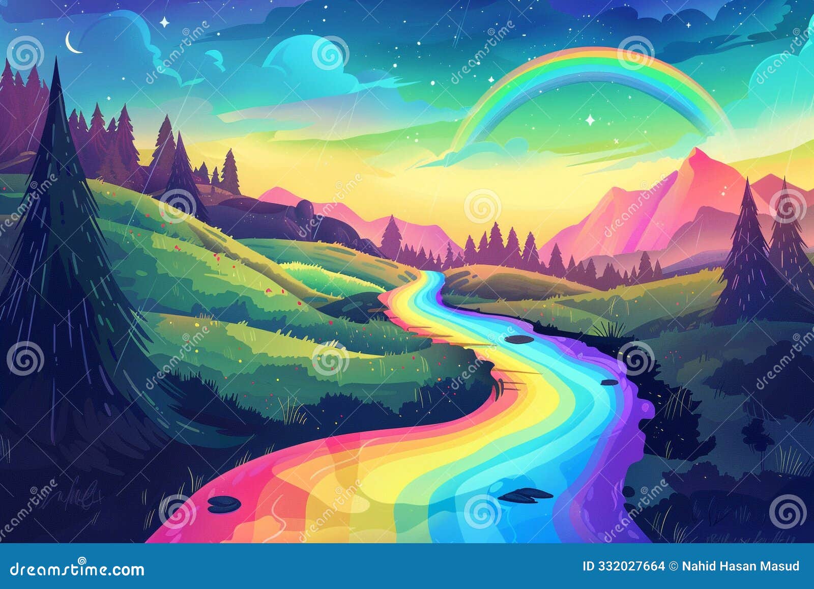 Beautiful Landscape with Rainbow River Flow Illustration Stock ...