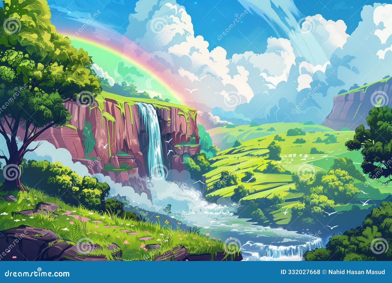 Beautiful Landscape with Rainbow River Flow Illustration Stock ...
