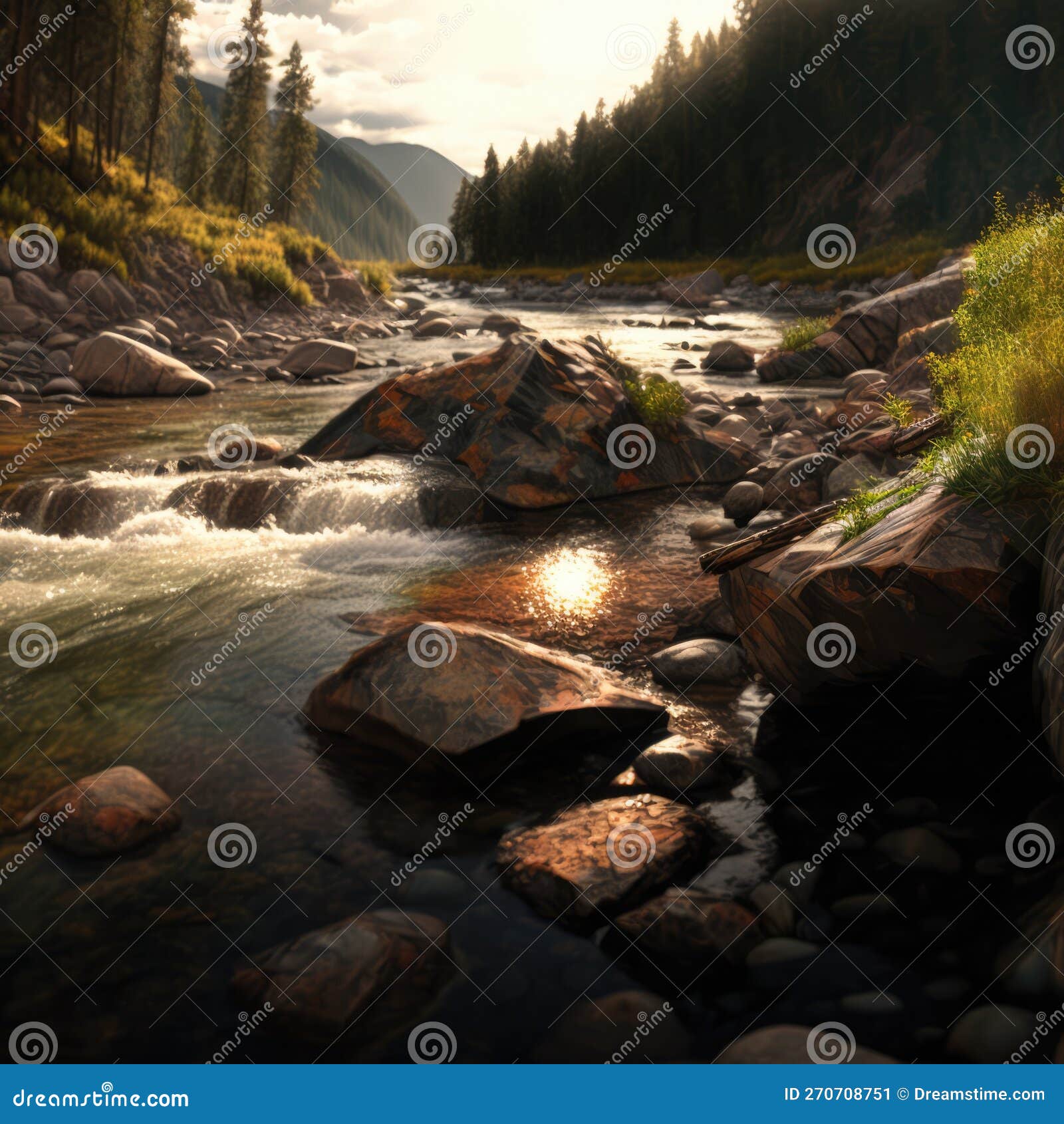 Beautiful Landscape of River Creek with Rocks and Mountains, Created ...