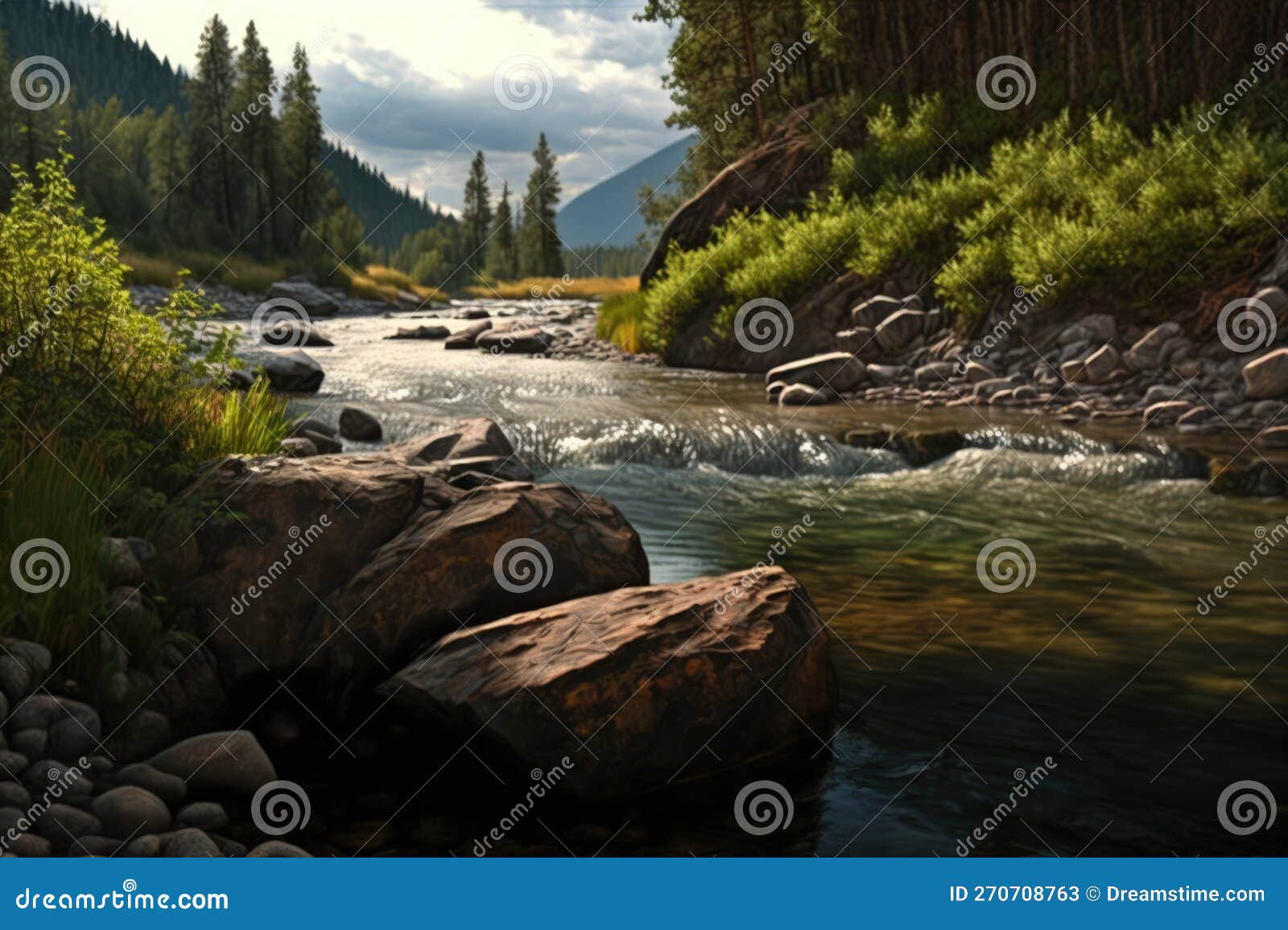 Beautiful Landscape of River Creek with Rocks and Mountains, Created ...