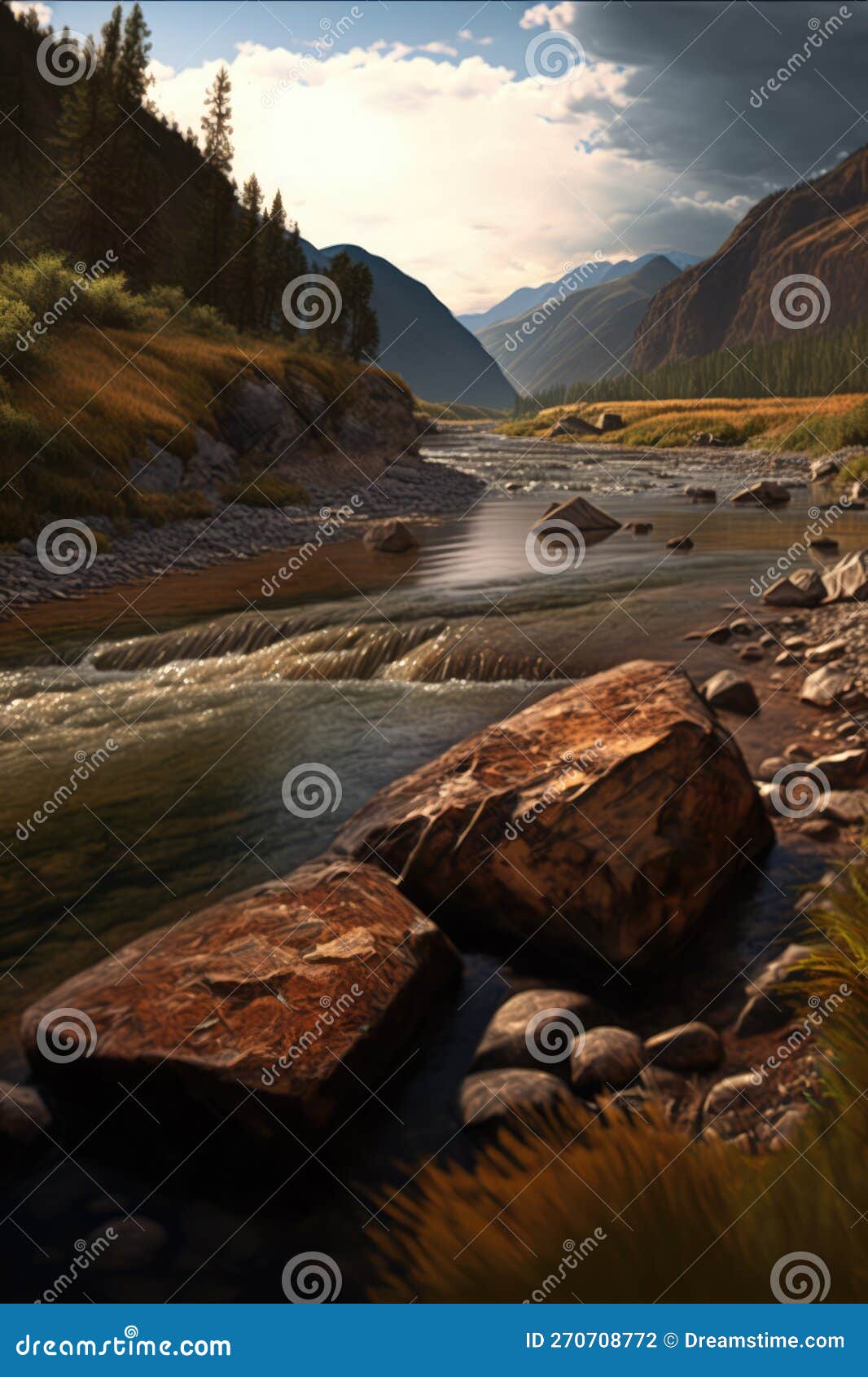 Beautiful Landscape of River Creek with Rocks and Mountains, Created ...